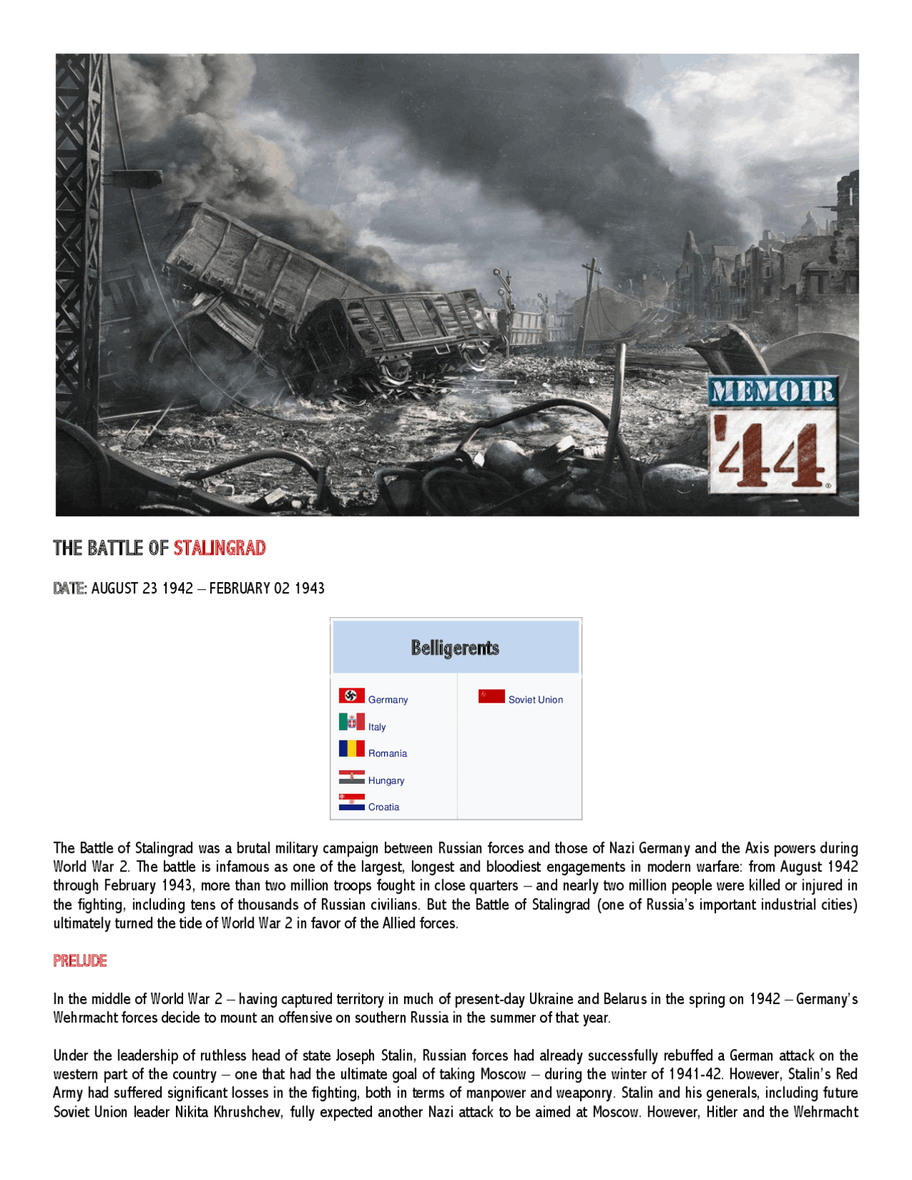THE BATTLE OF STALINGRAD Belligerents | Study notes Russian | Docsity