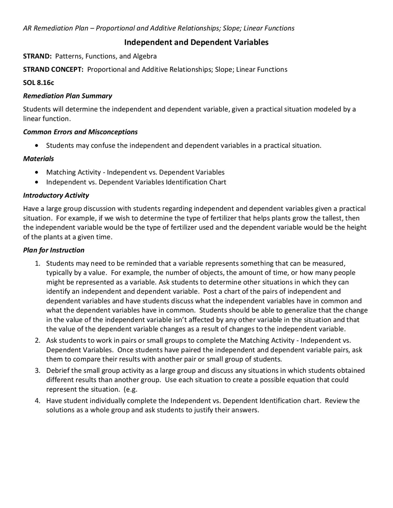 Independent And Dependent Variables Lecture Notes Algebra Docsity