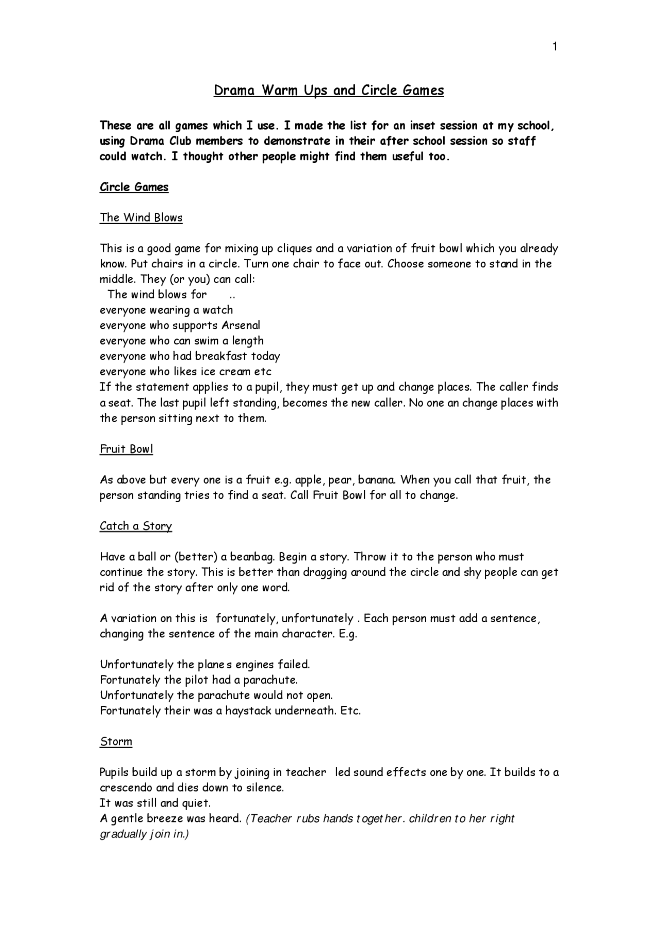 Drama Warm Ups and Circle Games | Lecture notes Voice | Docsity