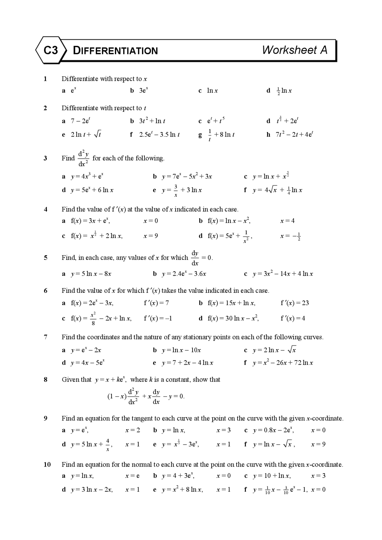 Differentiation C3 Worksheet A Lecture Notes Pre Calculus Docsity