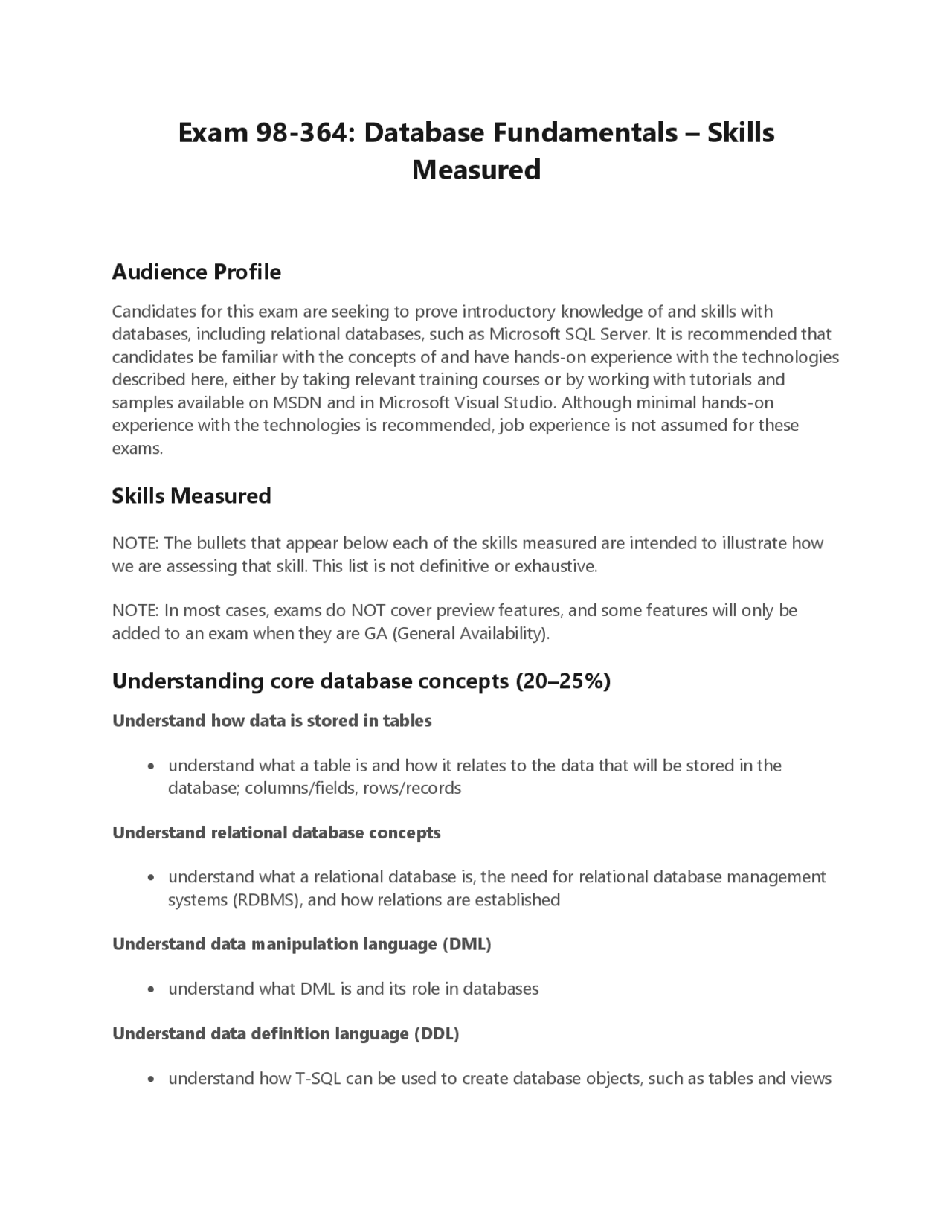 Exam 98 364 Database Fundamentals Skills Measured Exercises Database Management Systems