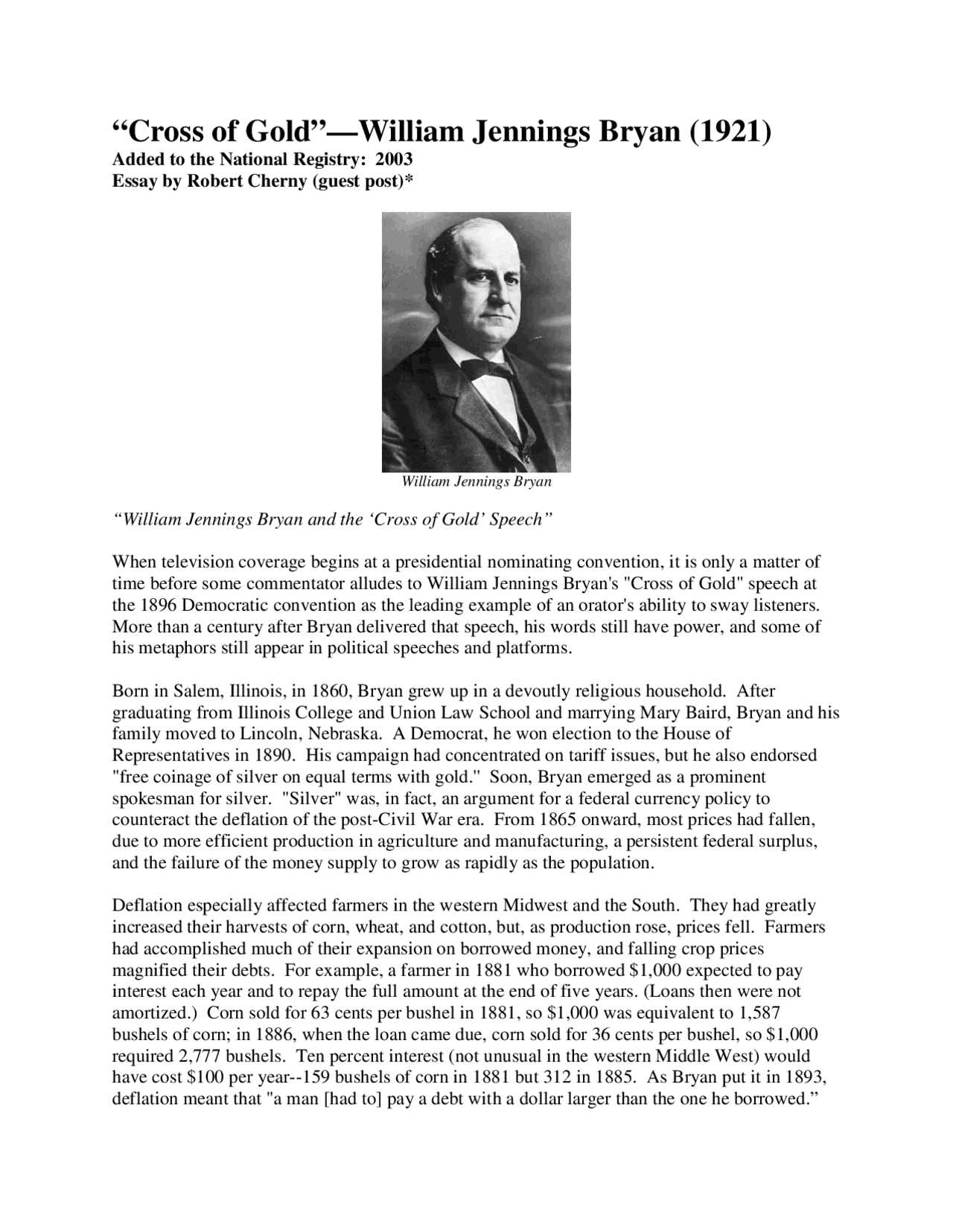 “Cross of Gold”—William Jennings Bryan (1921) | Lecture notes Law | Docsity
