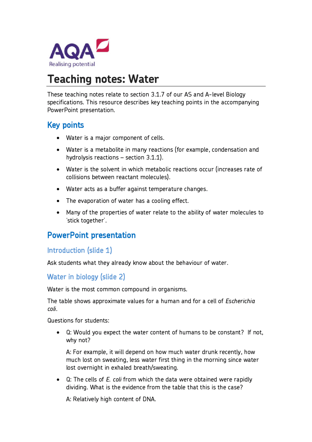 Teaching guide: water (teacher notes) - Mark Scheme | Schemes and Mind ...