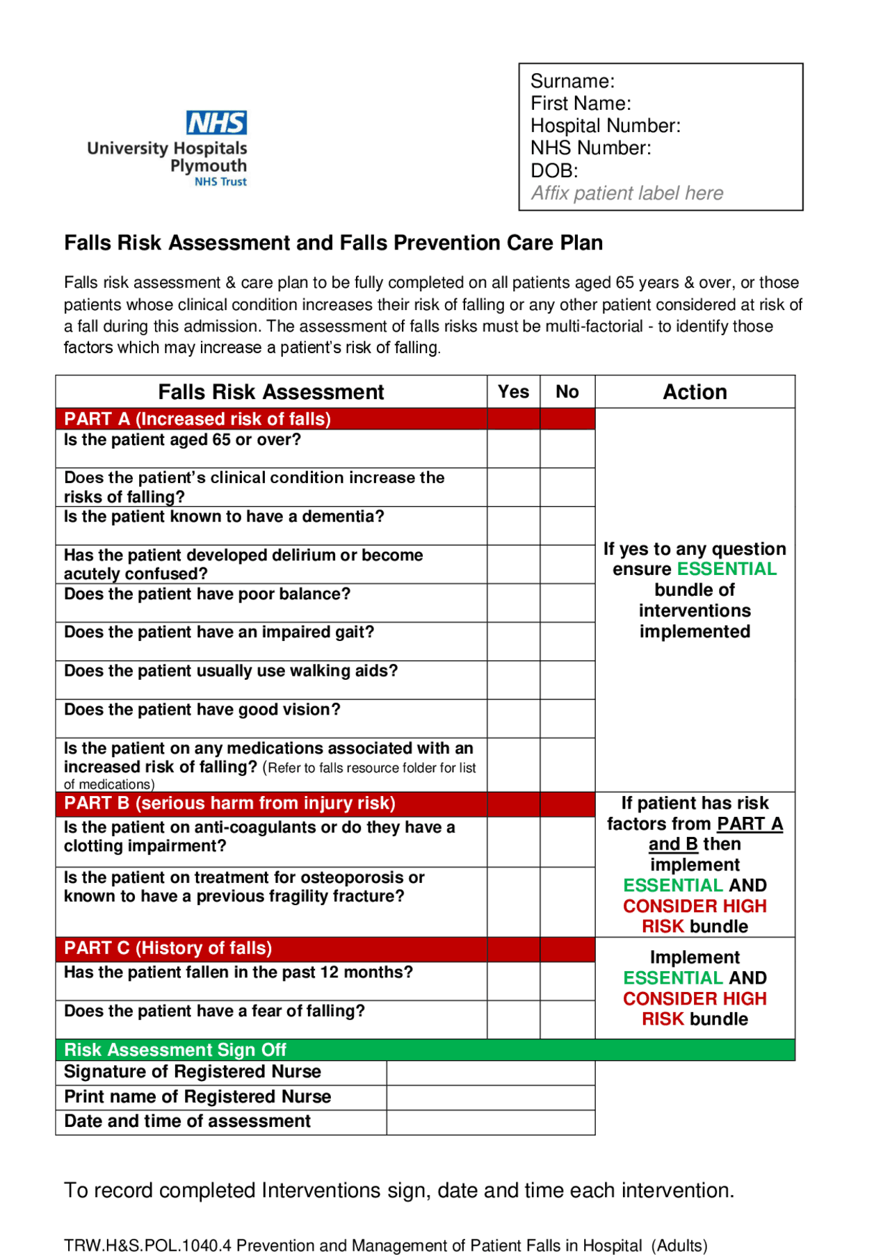 Falls Risk Assessment And Falls Prevention Care Plan Study Notes