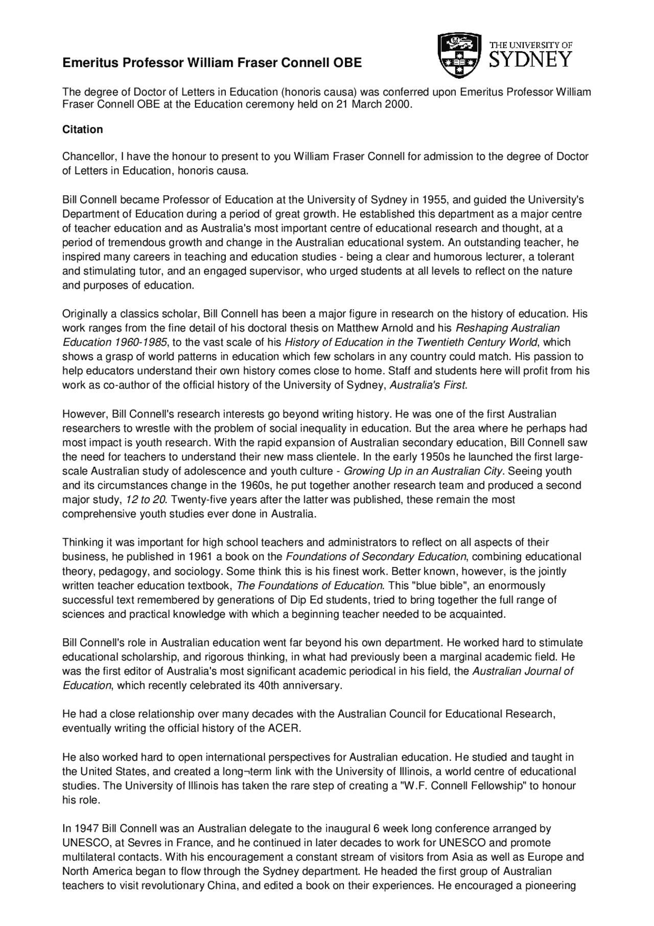 Professor William Fraser Connell: Pioneering Australian Education ...