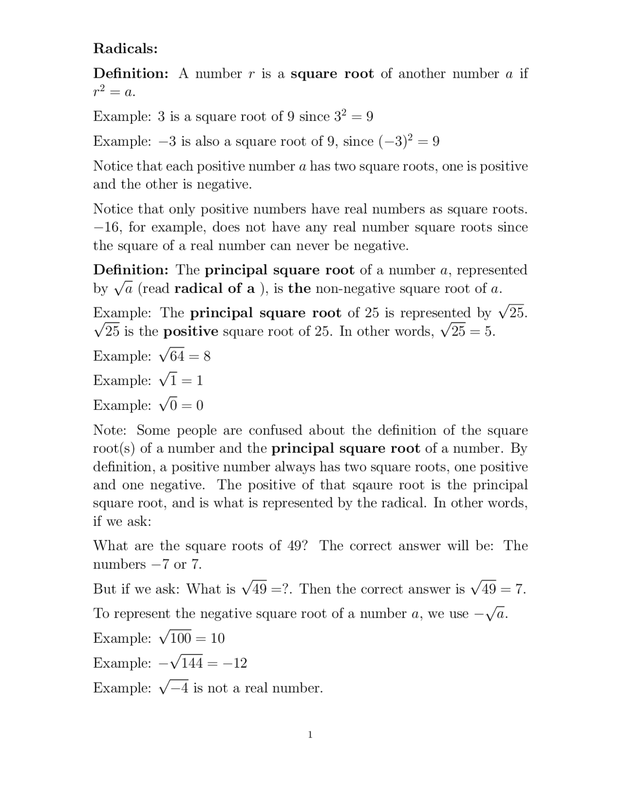 Radicals: Definition: A number r is a square root of another ...