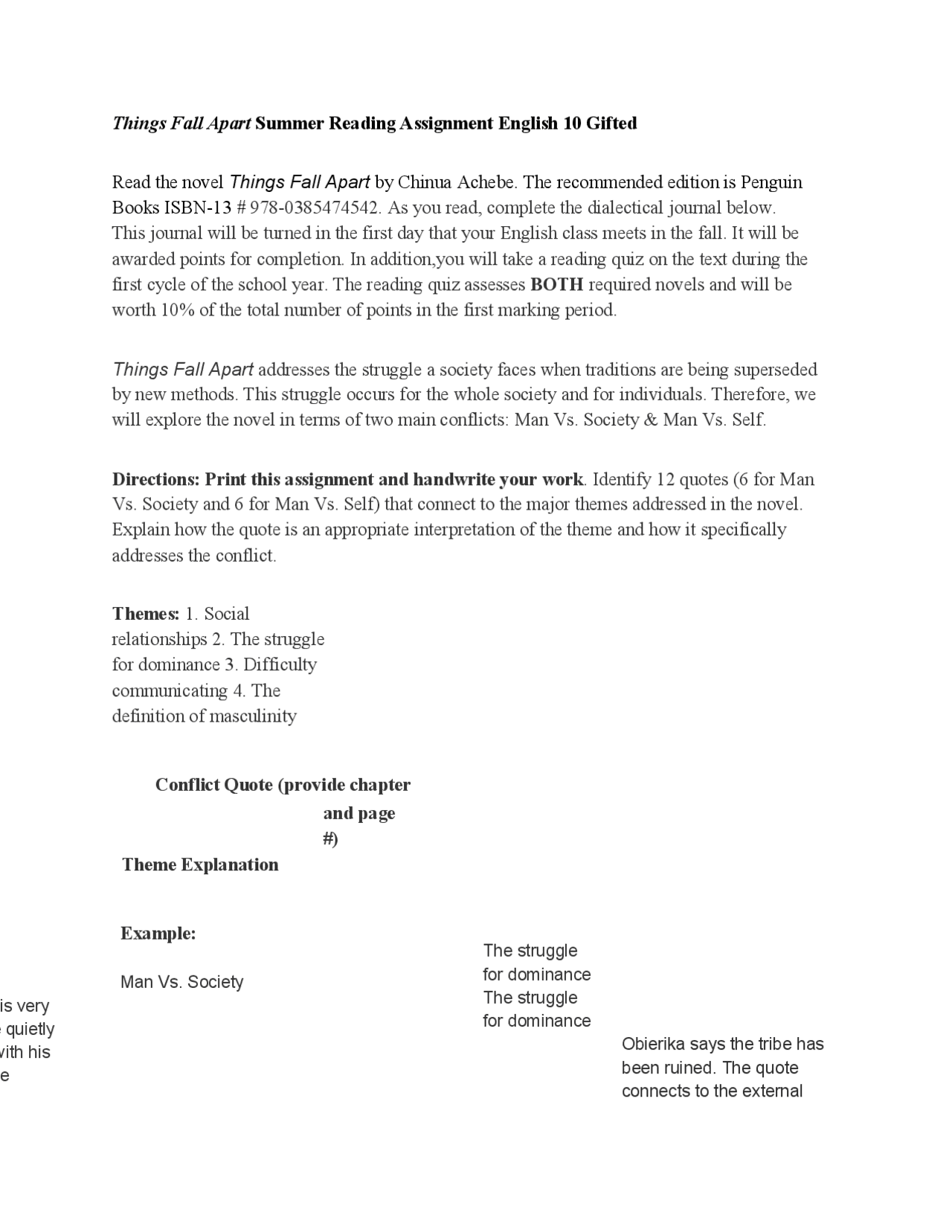 Things Fall Apart Summer Reading Assignment English 10 Lecture