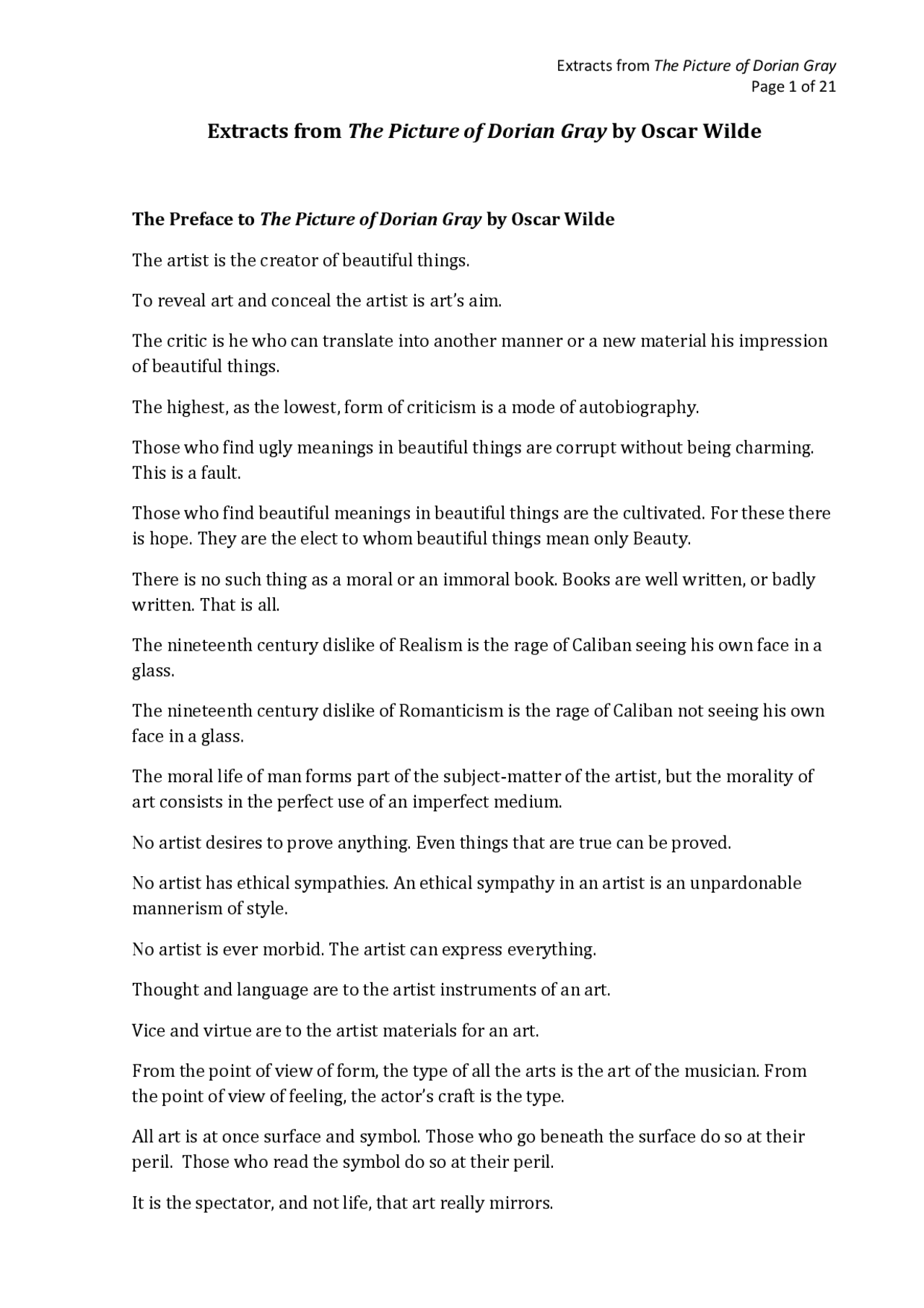 Extracts from The Picture of Dorian Gray by Oscar Wilde | Study notes ...