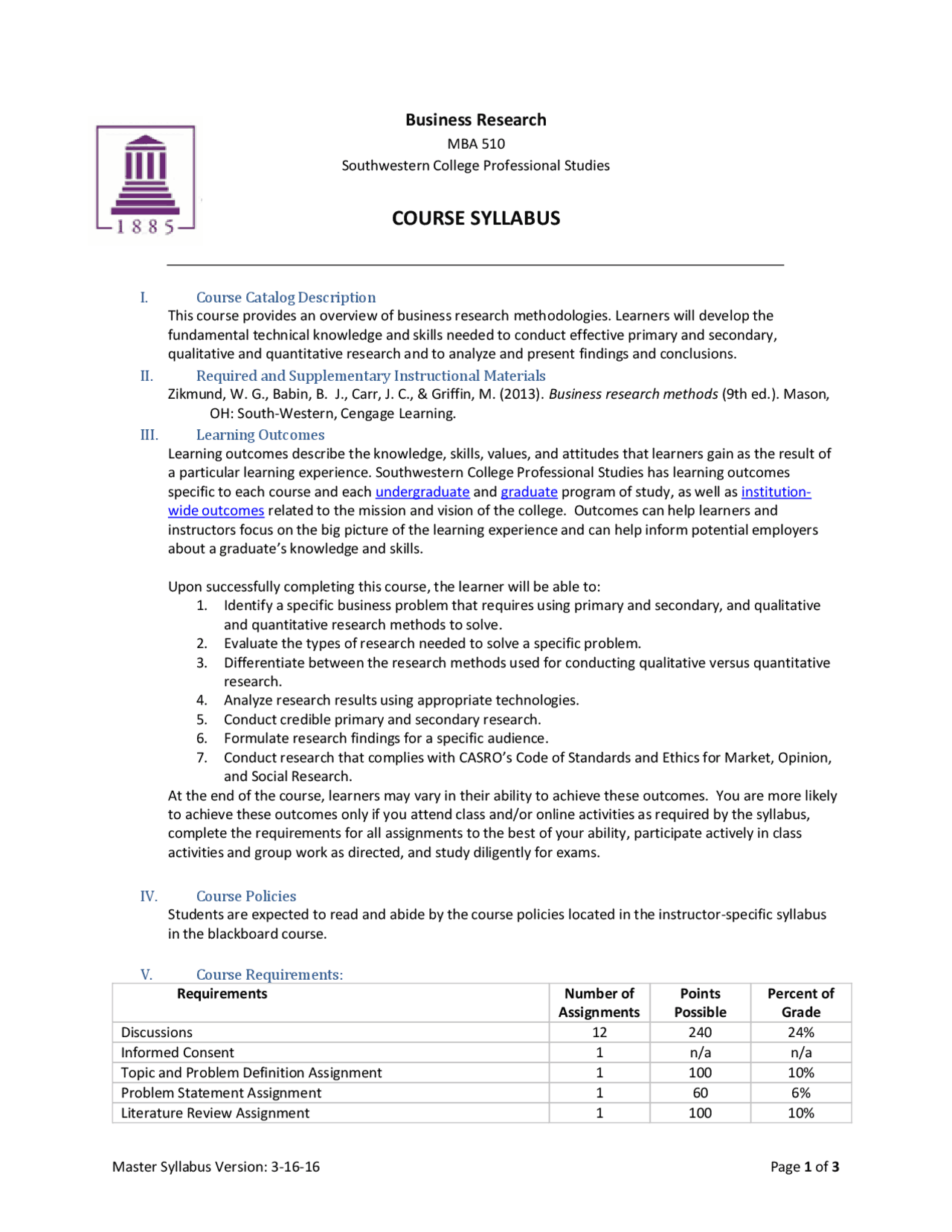 Business Research - COURSE SYLLABUS | Summaries Business | Docsity