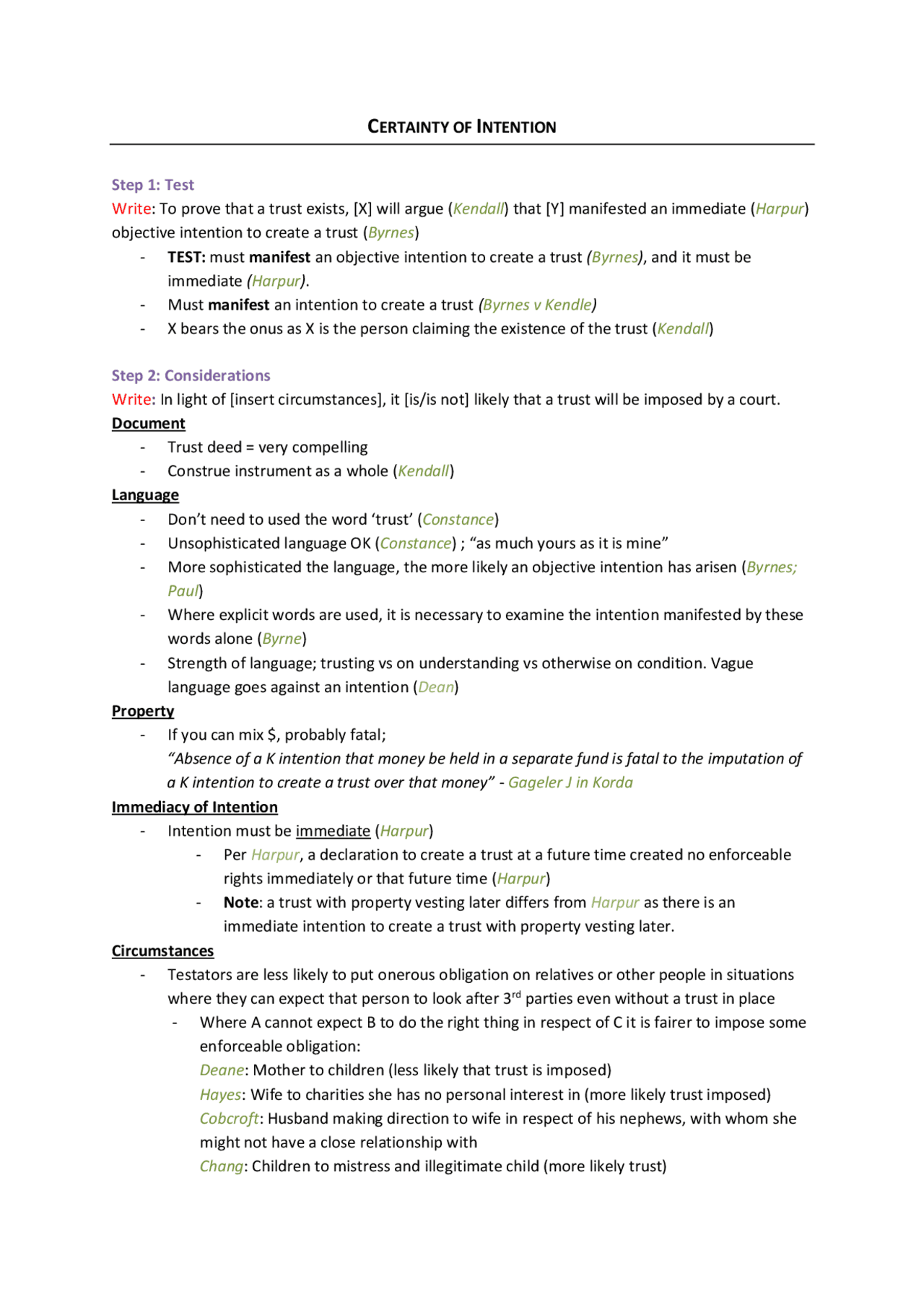 CERTAINTY OF INTENTION Step 1: Test Write | Lecture notes Law | Docsity