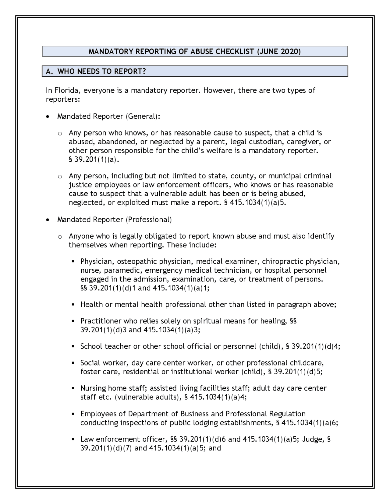 mandatory reporting of abuse checklist (june 2020) | Study notes Law ...