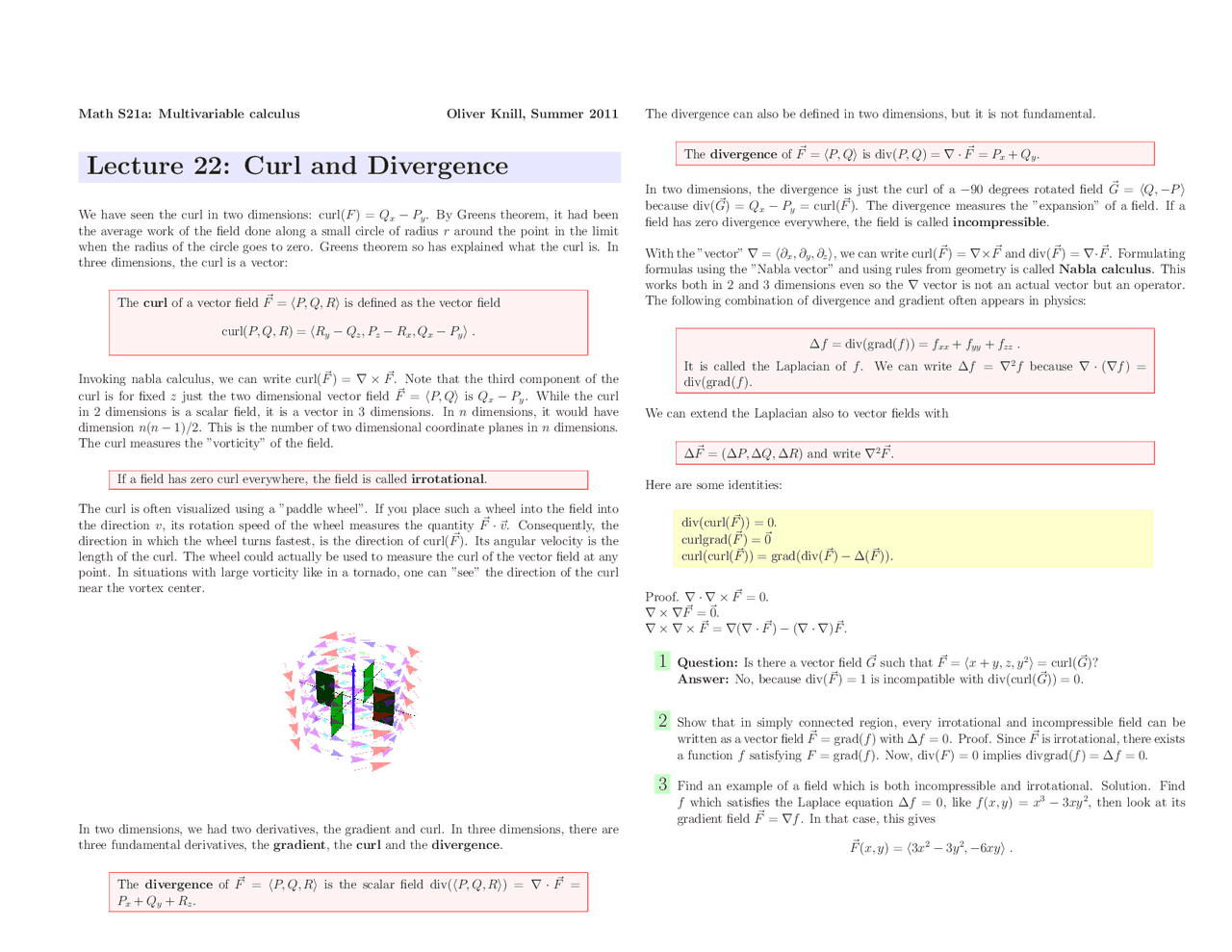 Lecture 22 Curl And Divergence Summaries Calculus Docsity