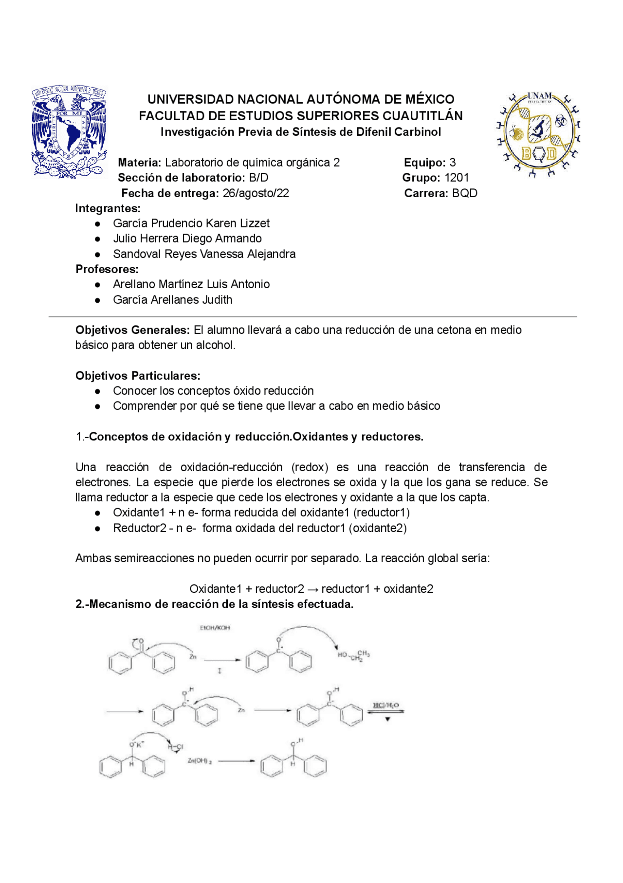 Previo difenil carbinol | Ejercicios de Química Orgánica | Docsity