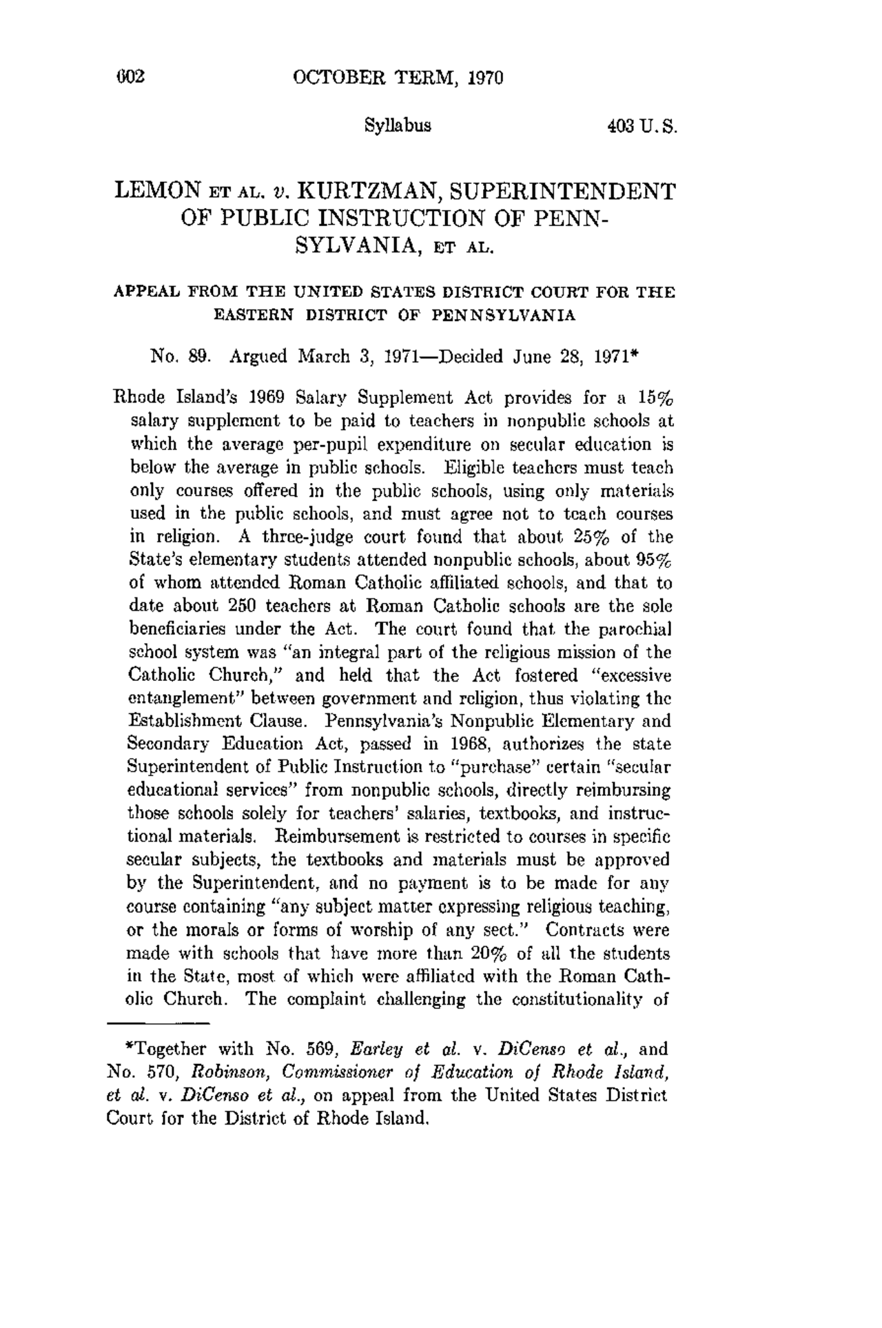 Lemon v. Kurtzman: Rhode Island's Salary Supplement Act and the ...