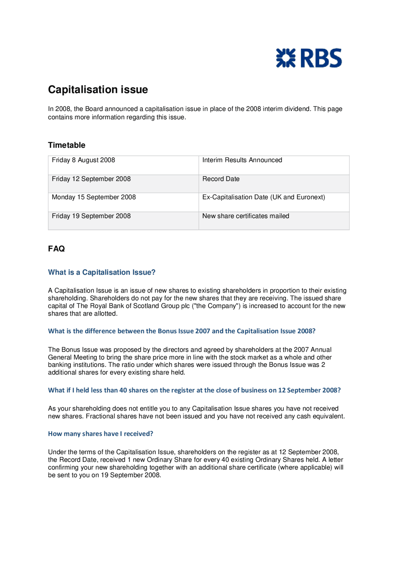Capitalisation issue | Exercises Business | Docsity