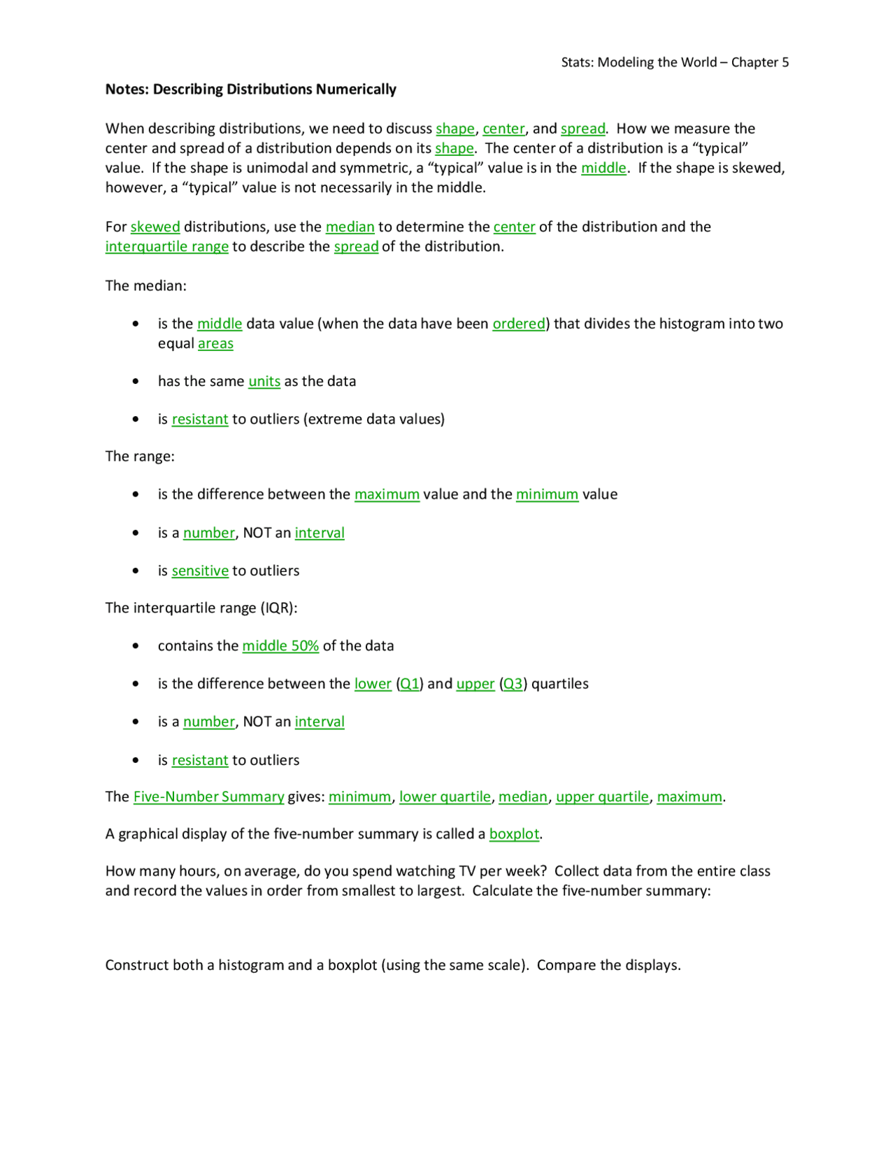 Notes: Describing Distributions Numerically When describing ... | Study ...