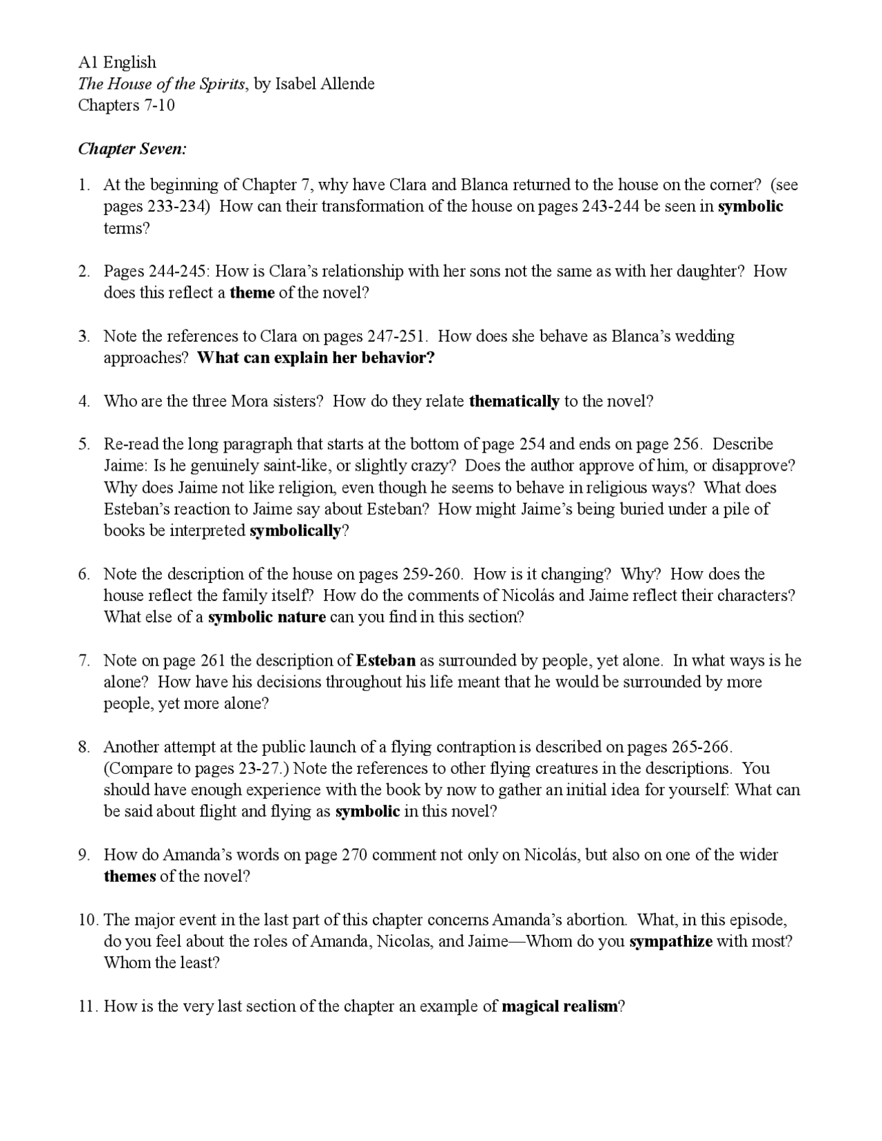 Study Notes: The House of the Spirits by Isabel Allende - Chapters 7-10 ...
