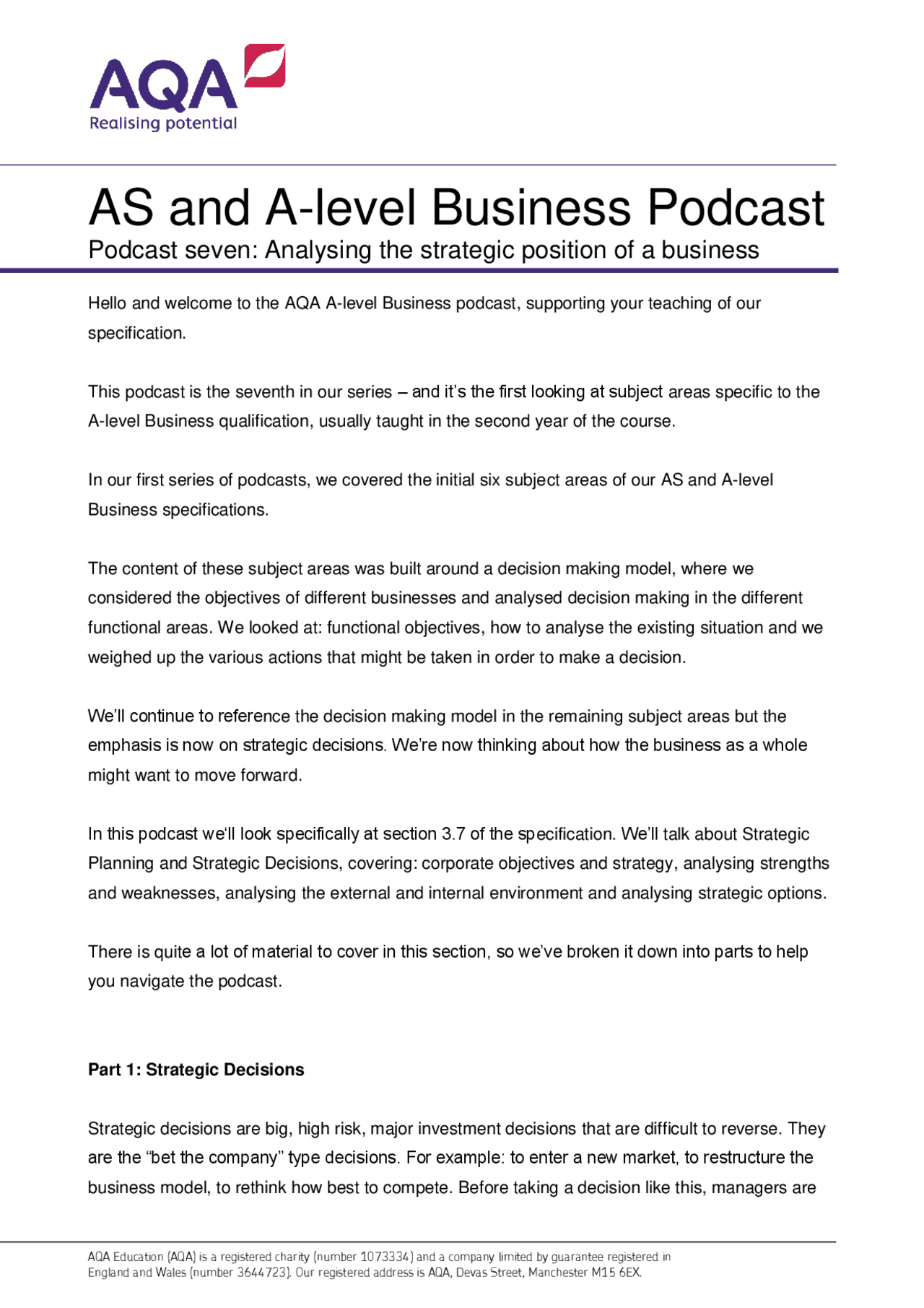 As And A Level Business Transcript Podcast 7 Exams Business Docsity