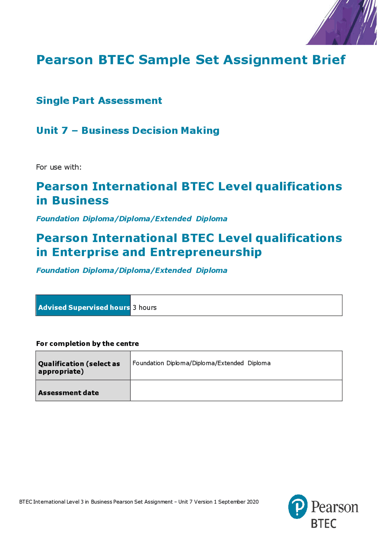 Pearson Btec Sample Set Assignment Brief Lecture Notes Business Docsity