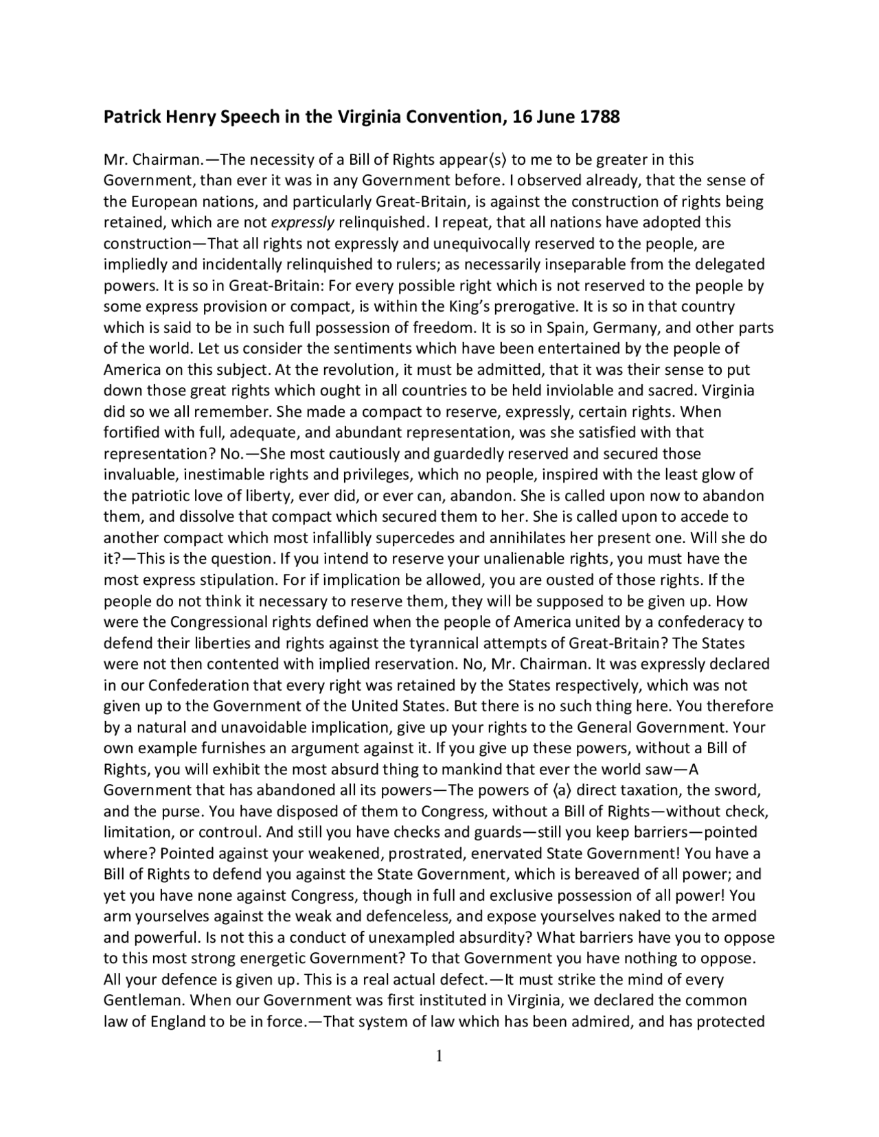 Patrick Henry Speech in the Virginia Convention, 16 June 1788 | Study ...