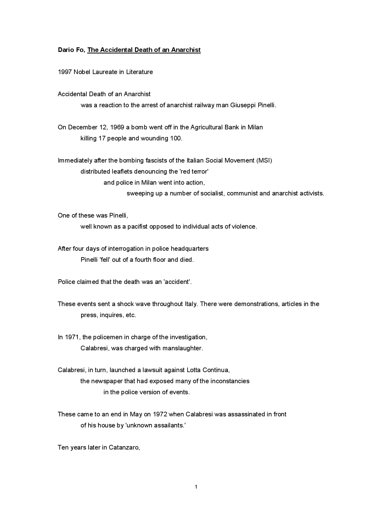 Dario Fo, The Accidental Death of an Anarchist | Lecture notes ...