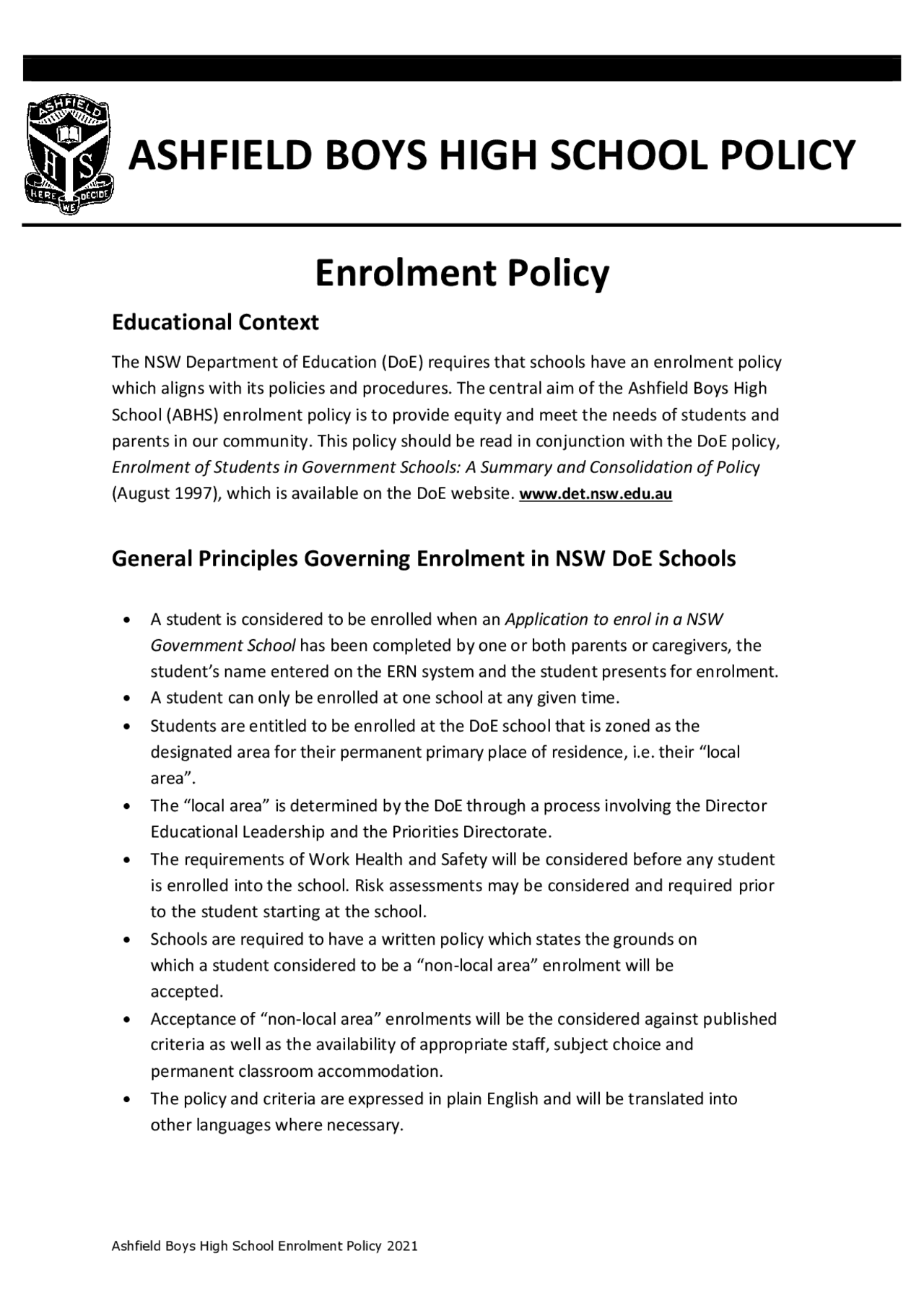 Enrolment policy - Ashfield Boys High School | Schemes and Mind Maps ...