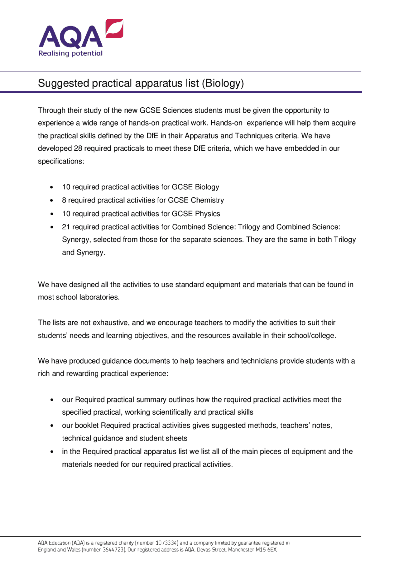 Gcse Biology Required Apparatus List Practicals Lecture Notes Biology