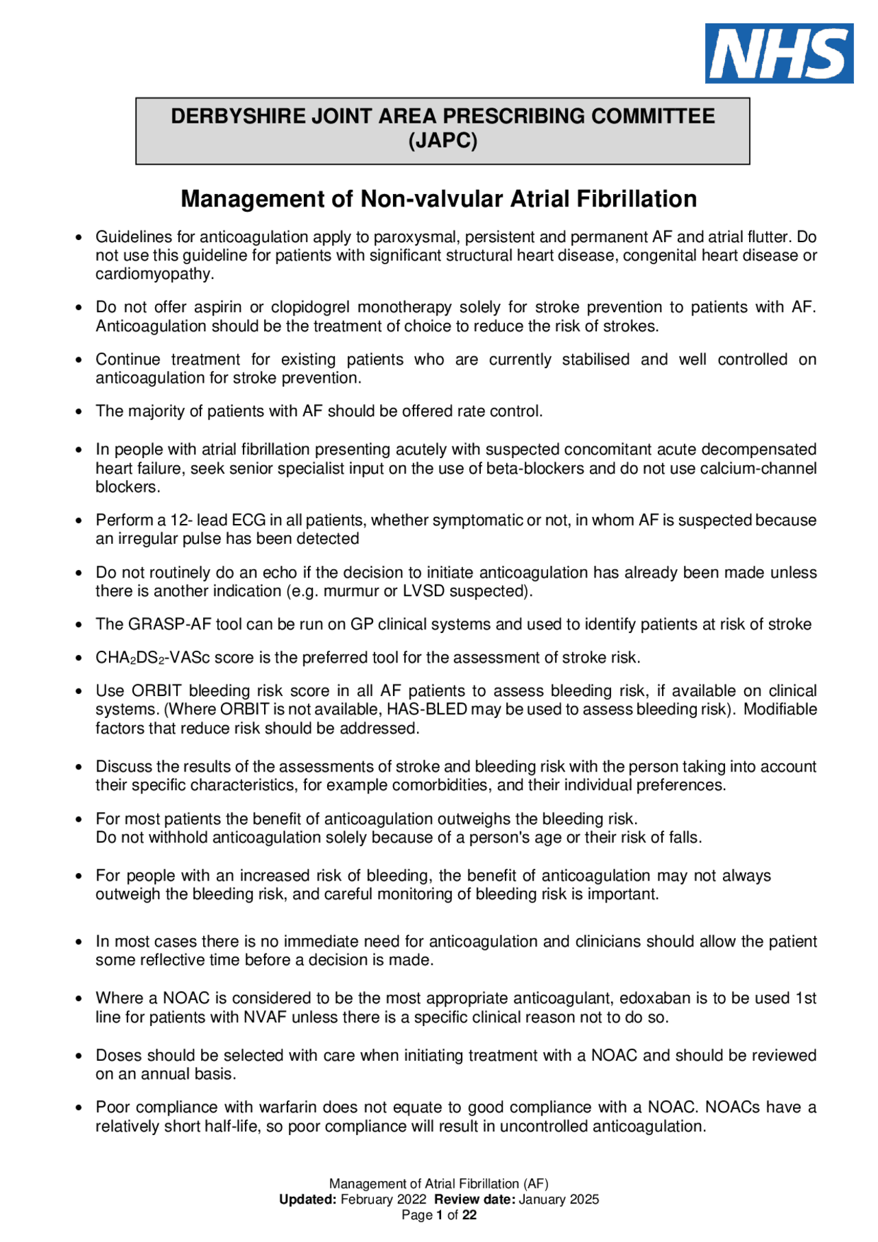 Management Of Non Valvular Atrial Fibrillation Lecture Notes History