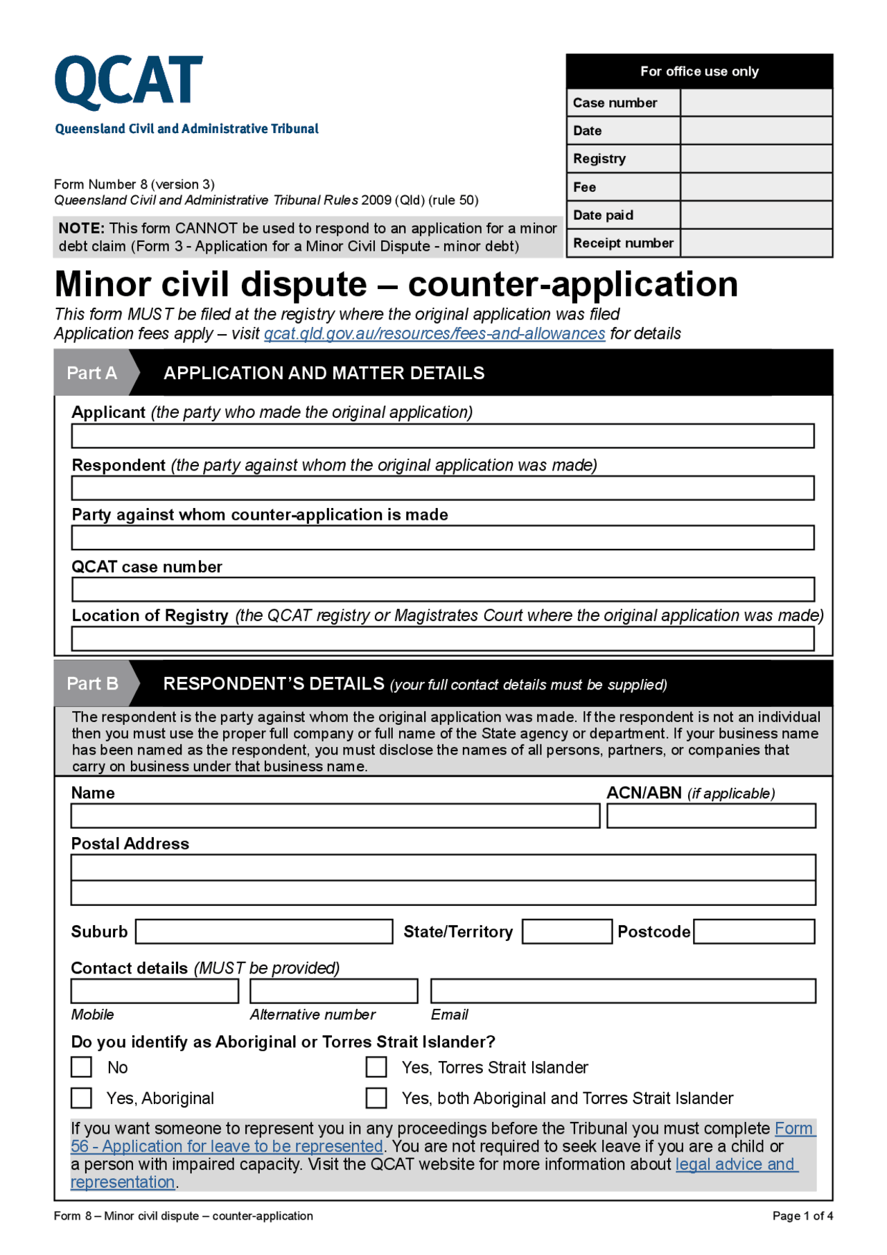 Qld Civil & Admin Tribunal Form 8 - Minor Dispute Counter-Application ...