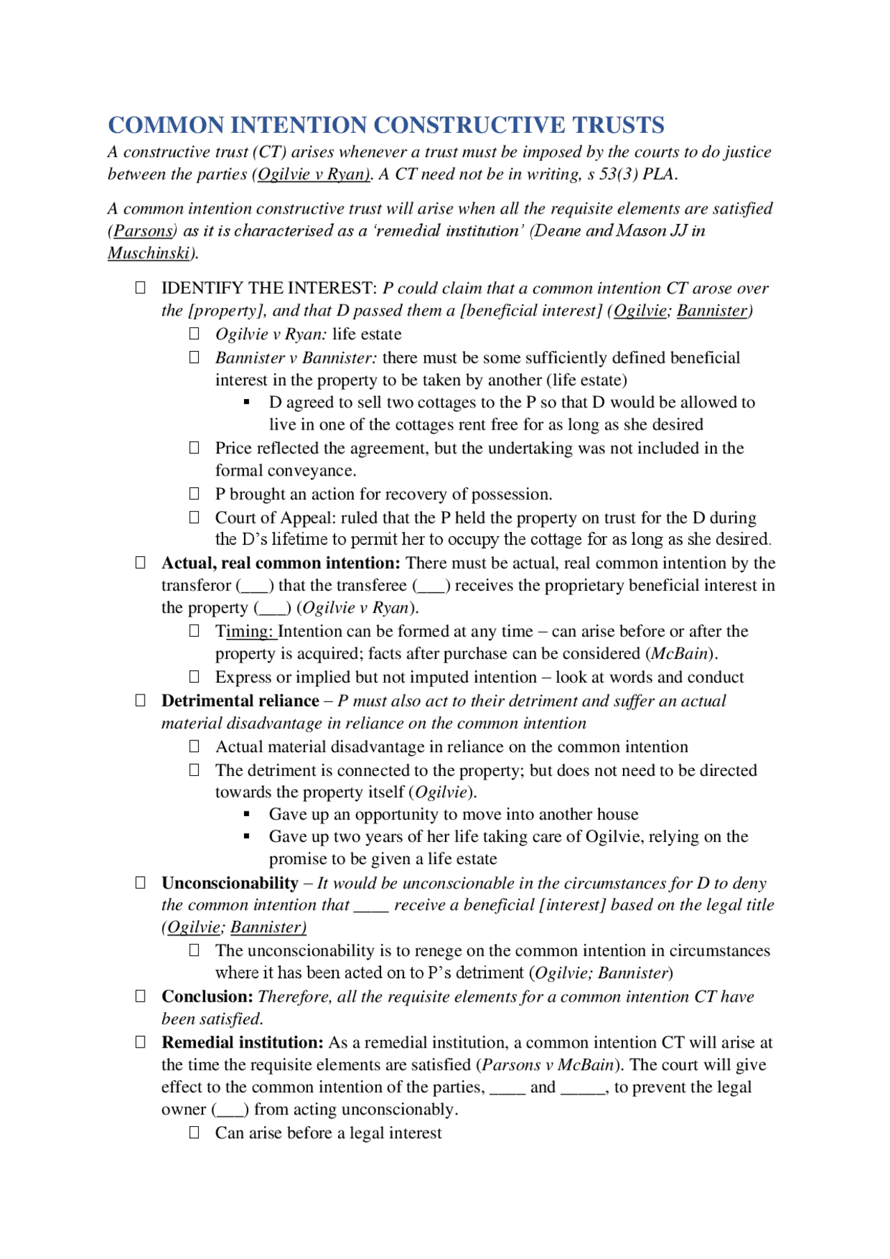 COMMON INTENTION CONSTRUCTIVE TRUSTS | Résumés Acting | Docsity