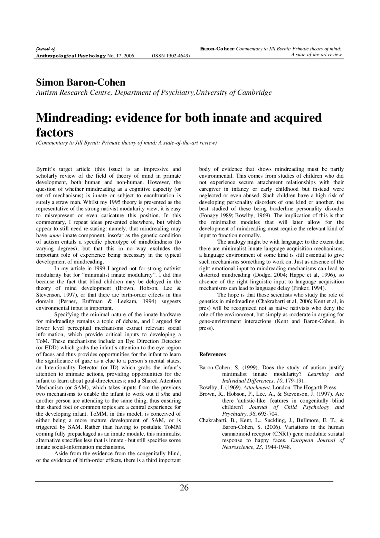 Simon Baron-Cohen | Lecture notes Psychology | Docsity