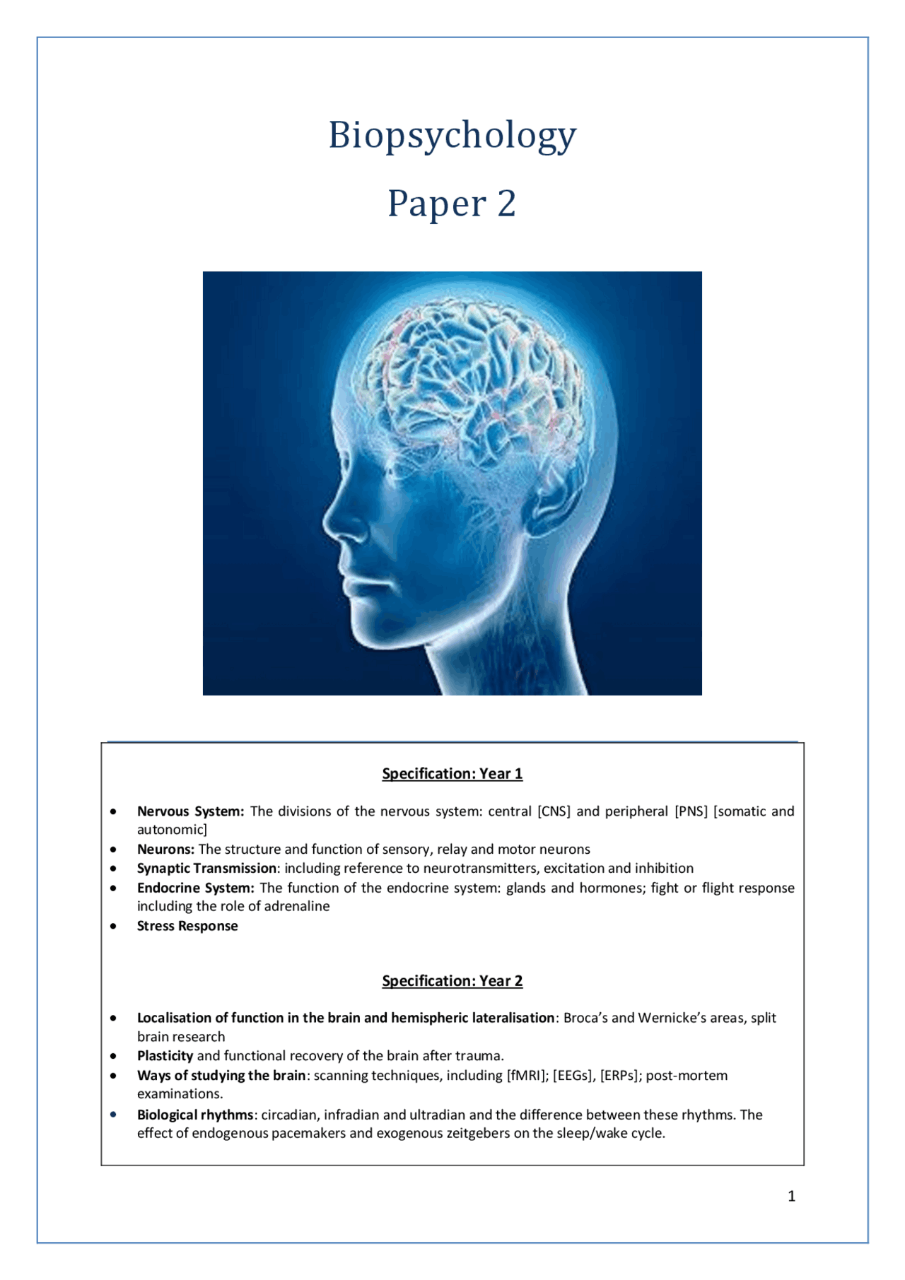 Biopsychology Paper 2 Budmouth Academy Summaries Psychology Docsity