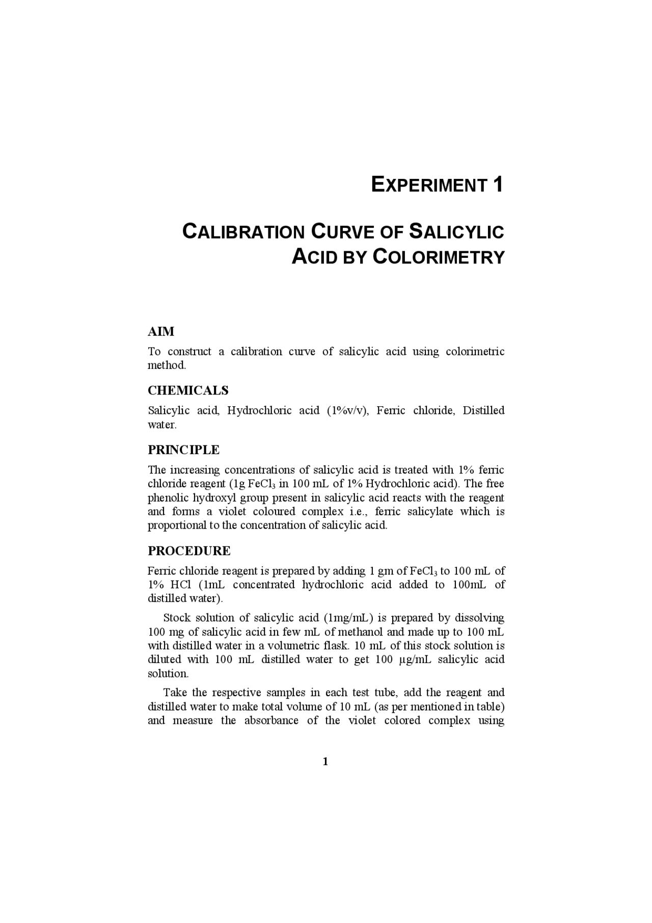 Experiment 1 Calibration Curve Of Salicylic Acid Summaries