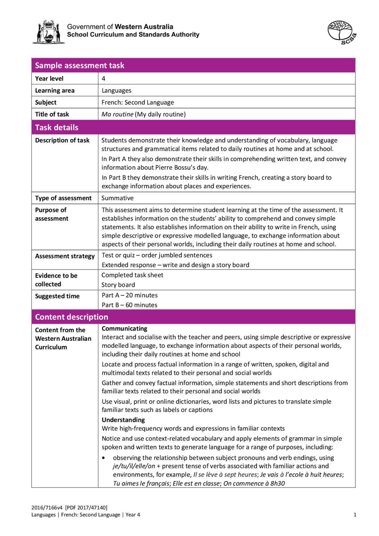 French Language Assessment: Daily Routine Task for Year 4 Students ...