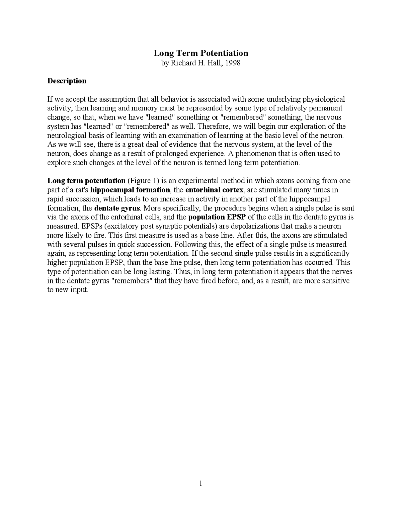 Long Term Potentiation | Study notes Psychology | Docsity