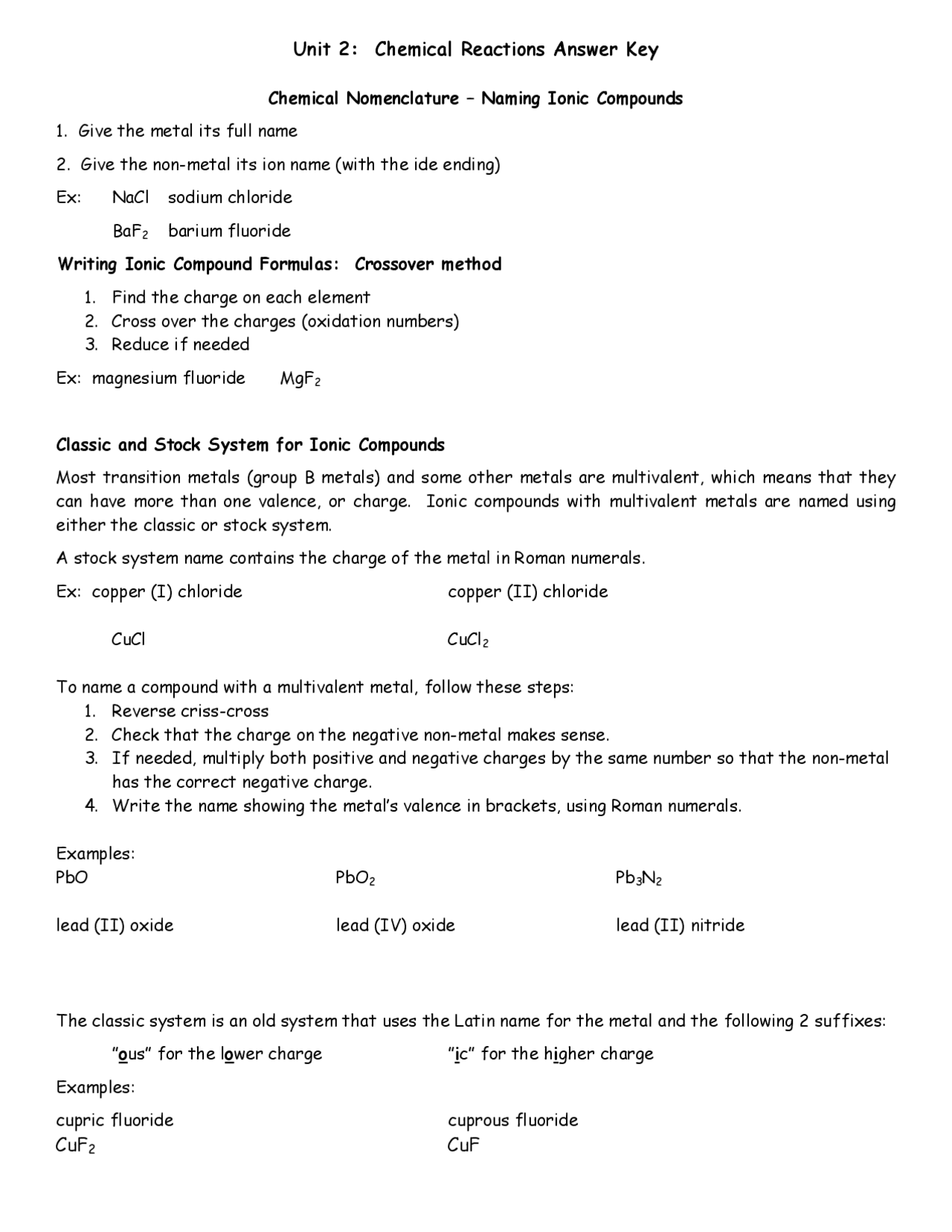 Unit 2: Chemical Reactions Answer Key CuF2 CuF | Exercises Latin | Docsity