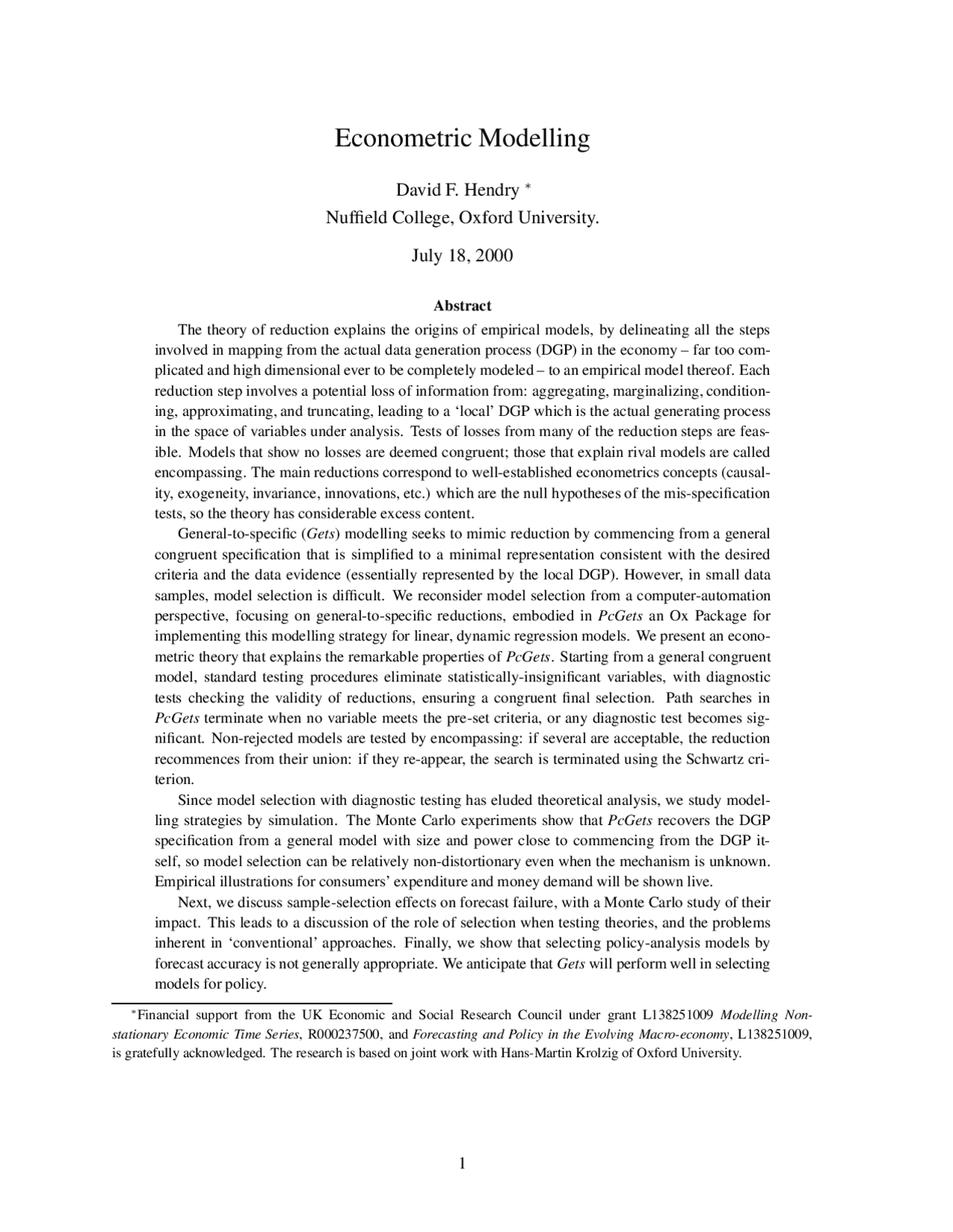 Econometric Modelling Lecture Notes Economics Docsity