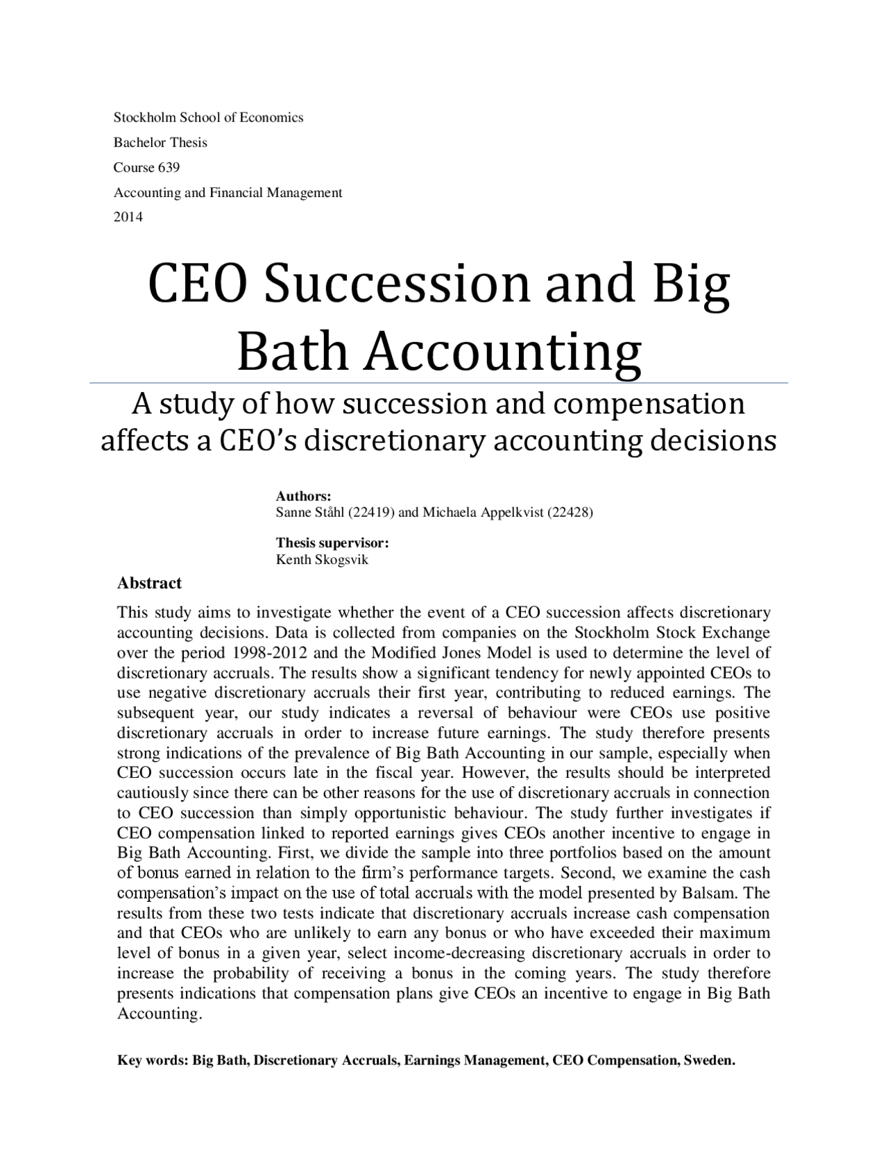 Ceo Succession And Big Bath Accounting Summaries Accounting Docsity