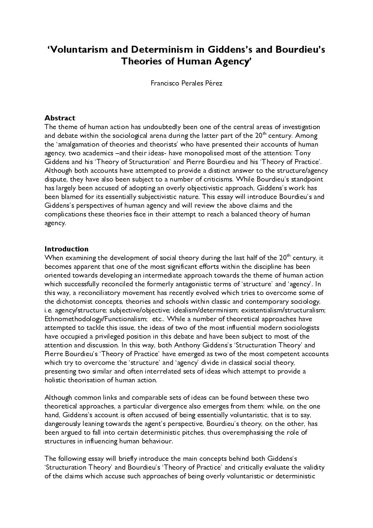 'Voluntarism and Determinism in Giddens's and Bourdieu's ...
