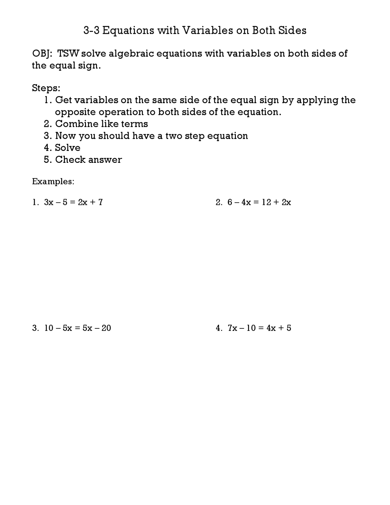 3-3 Equations with Variables on Both Sides | Study Guides, Projects ...