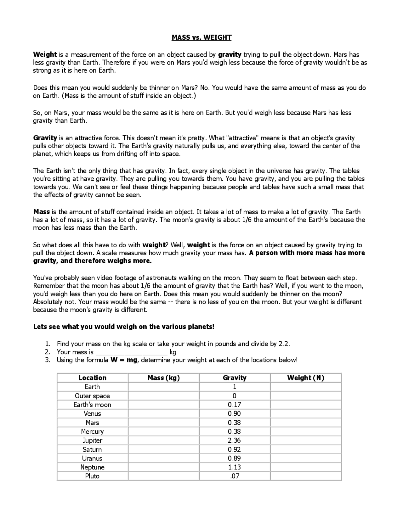 Mass and Weight.pdf | Study notes Physics | Docsity
