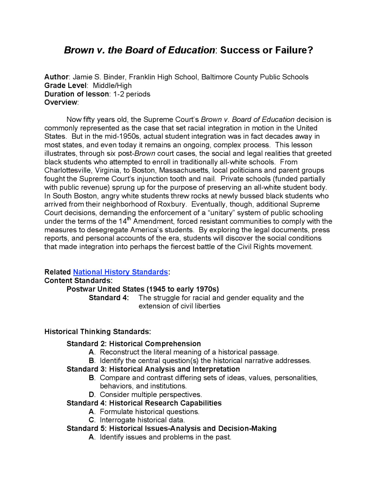 Brown v. the Board of Education: Success or Failure? | Study notes ...