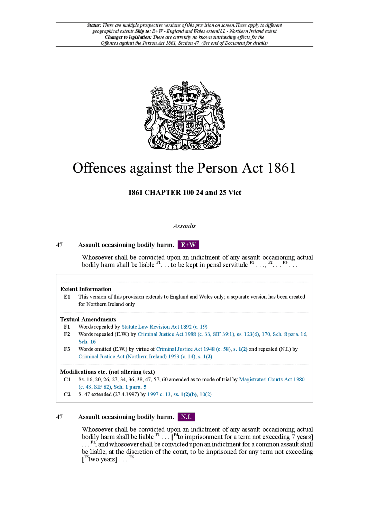 Offences against the Person Act 1861 - Section 47: Assault Occasioning ...