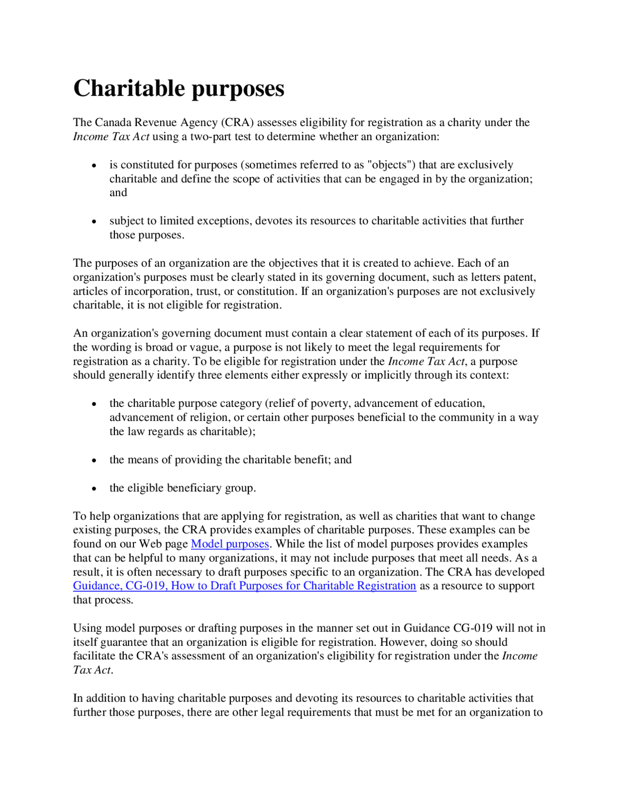 Canada Revenue Agency Charity Registration: Charitable Purposes and ...