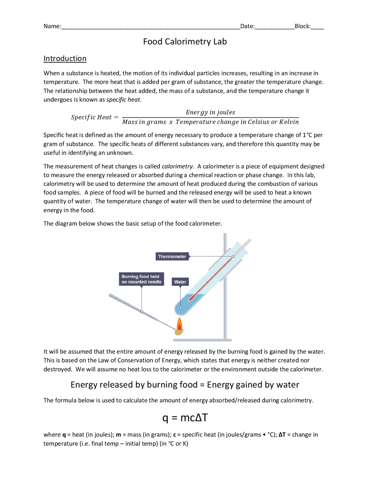 Food Calorimetry Lab Lecture Notes Law Docsity