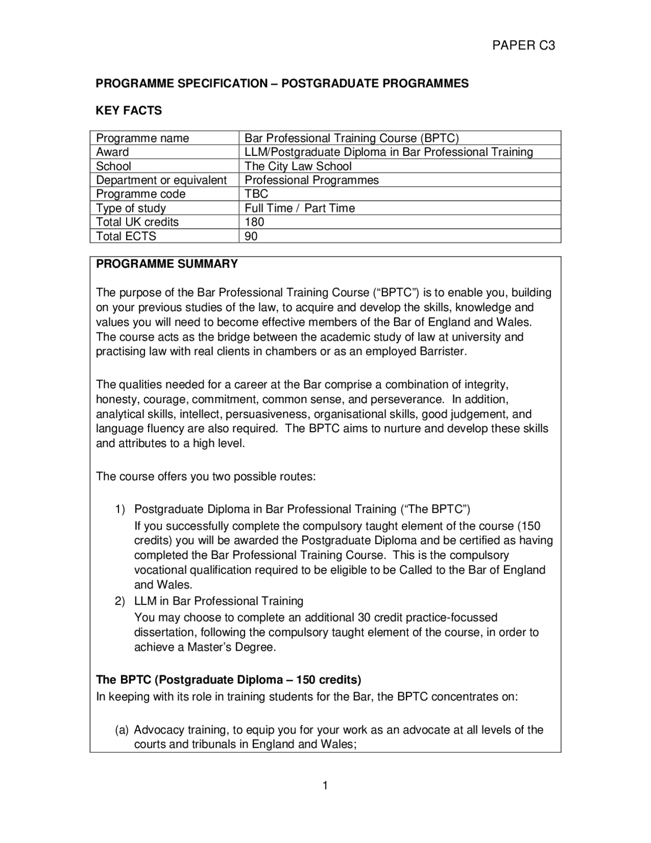 Bptc With Llm Programme Specificationpdf Lecture Notes Law Docsity
