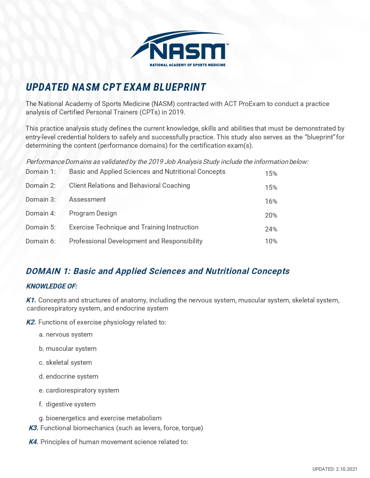 UPDATED NASM CPT EXAM BLUEPRINT | Study notes Anatomy | Docsity