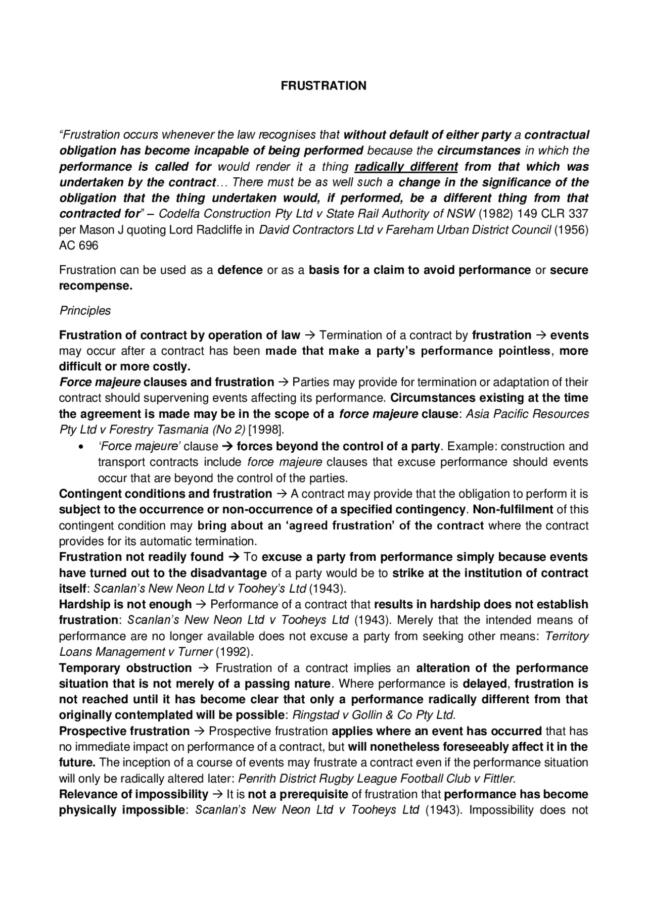 Frustration Summaries Law Docsity