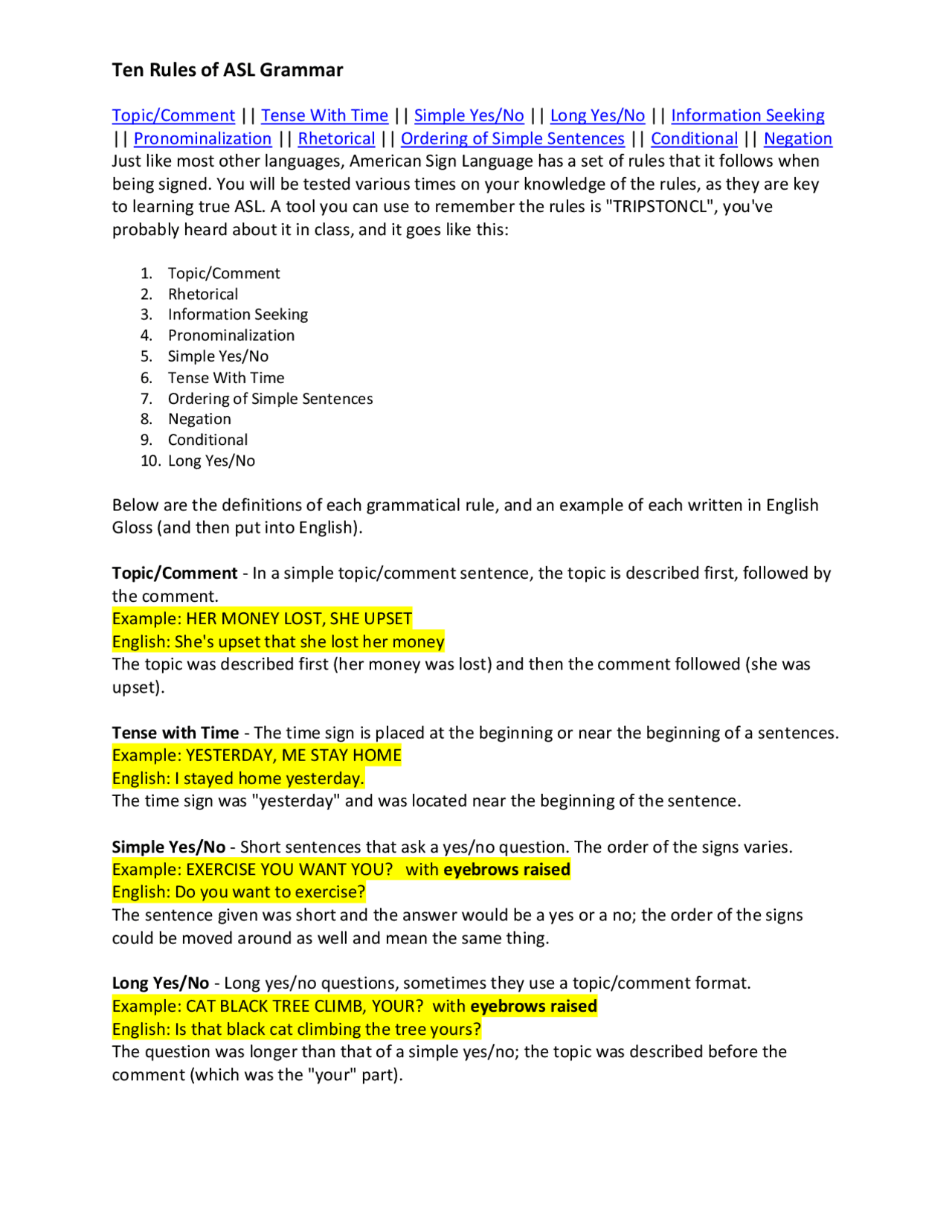 The Ten Grammatical Rules of ASL | Study notes English | Docsity
