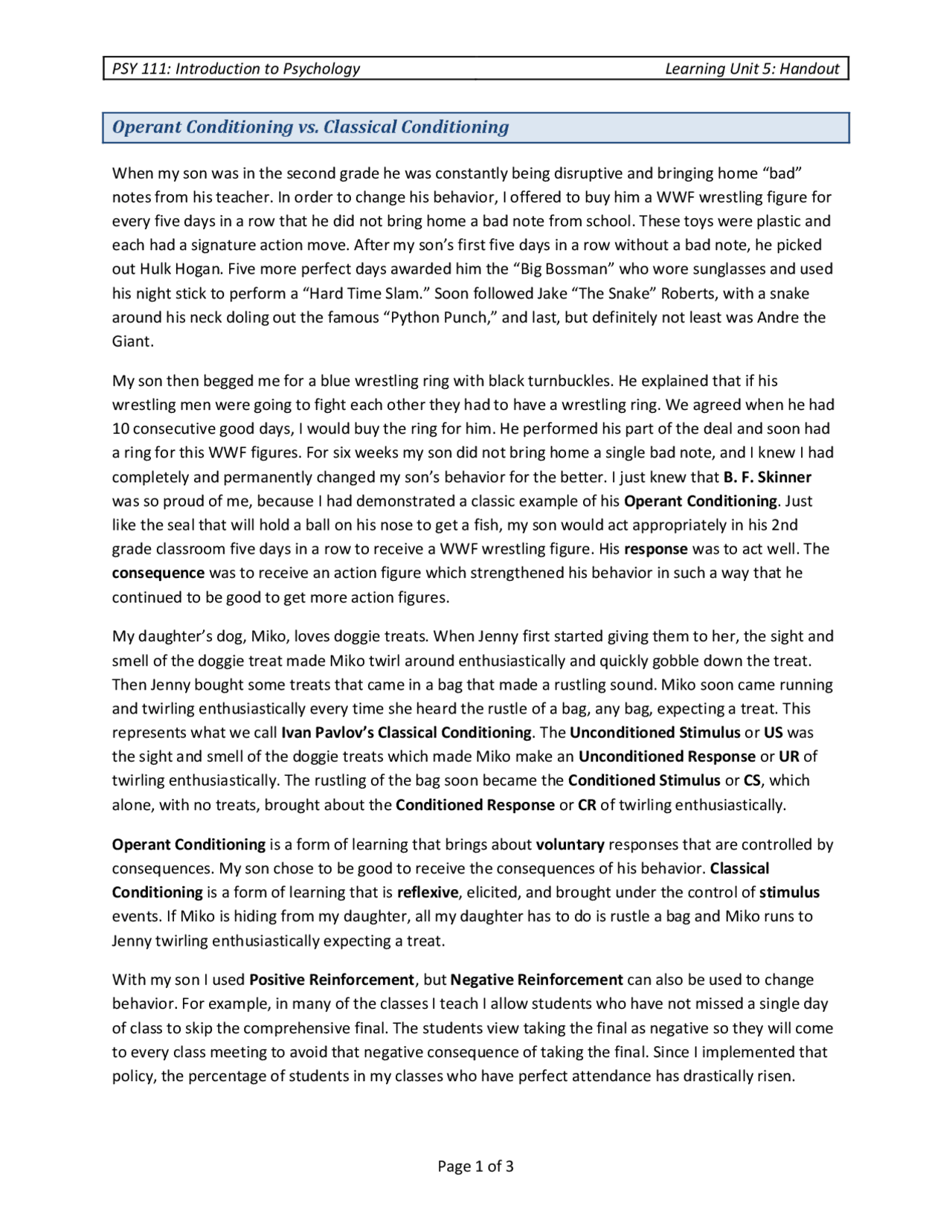 Operant Conditioning Vs Classical Conditioning Lecture Notes
